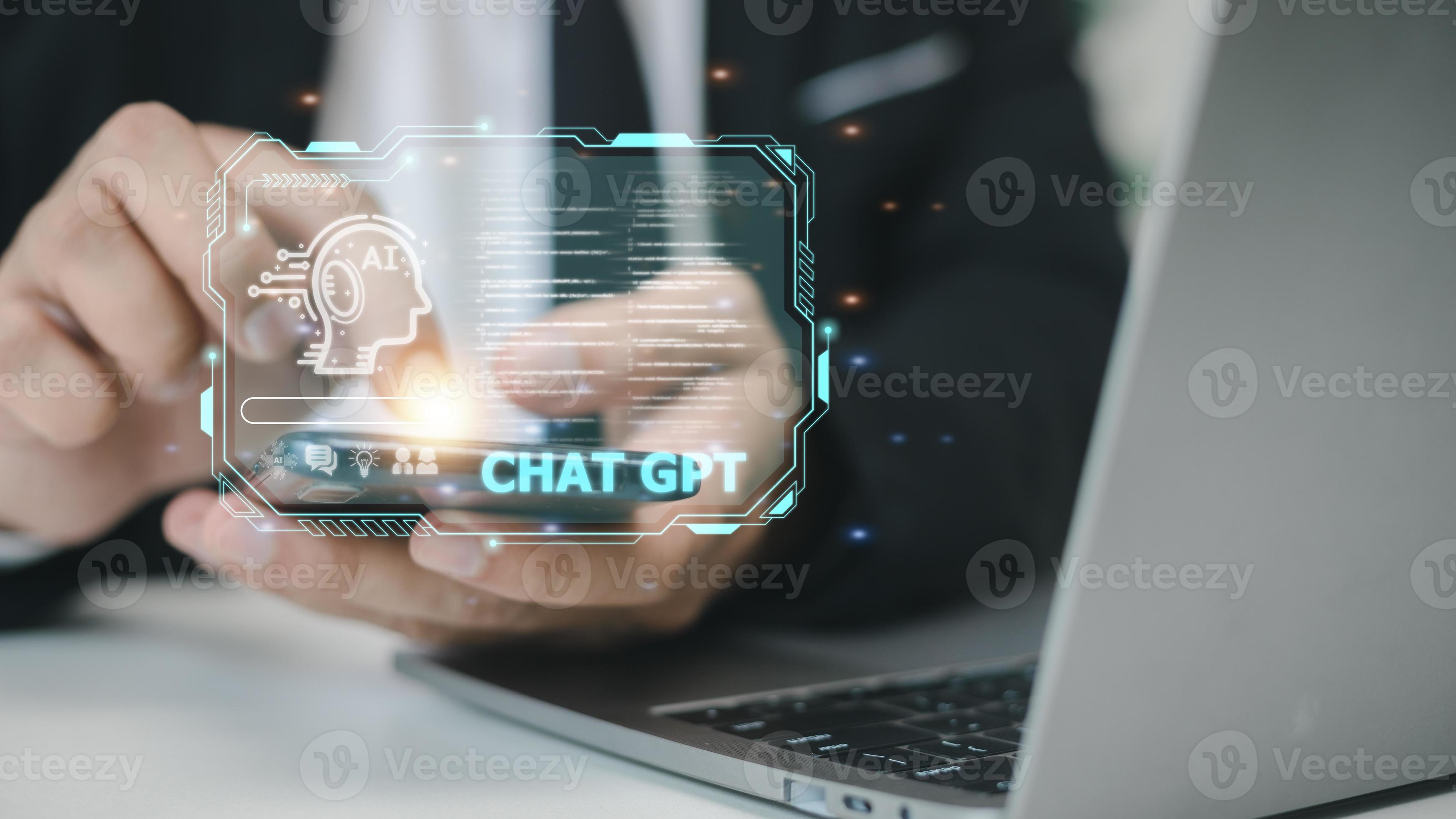 ChatGPT Chat with AI or Artificial Intelligence. Business chatting with a smart AI or artificial ...