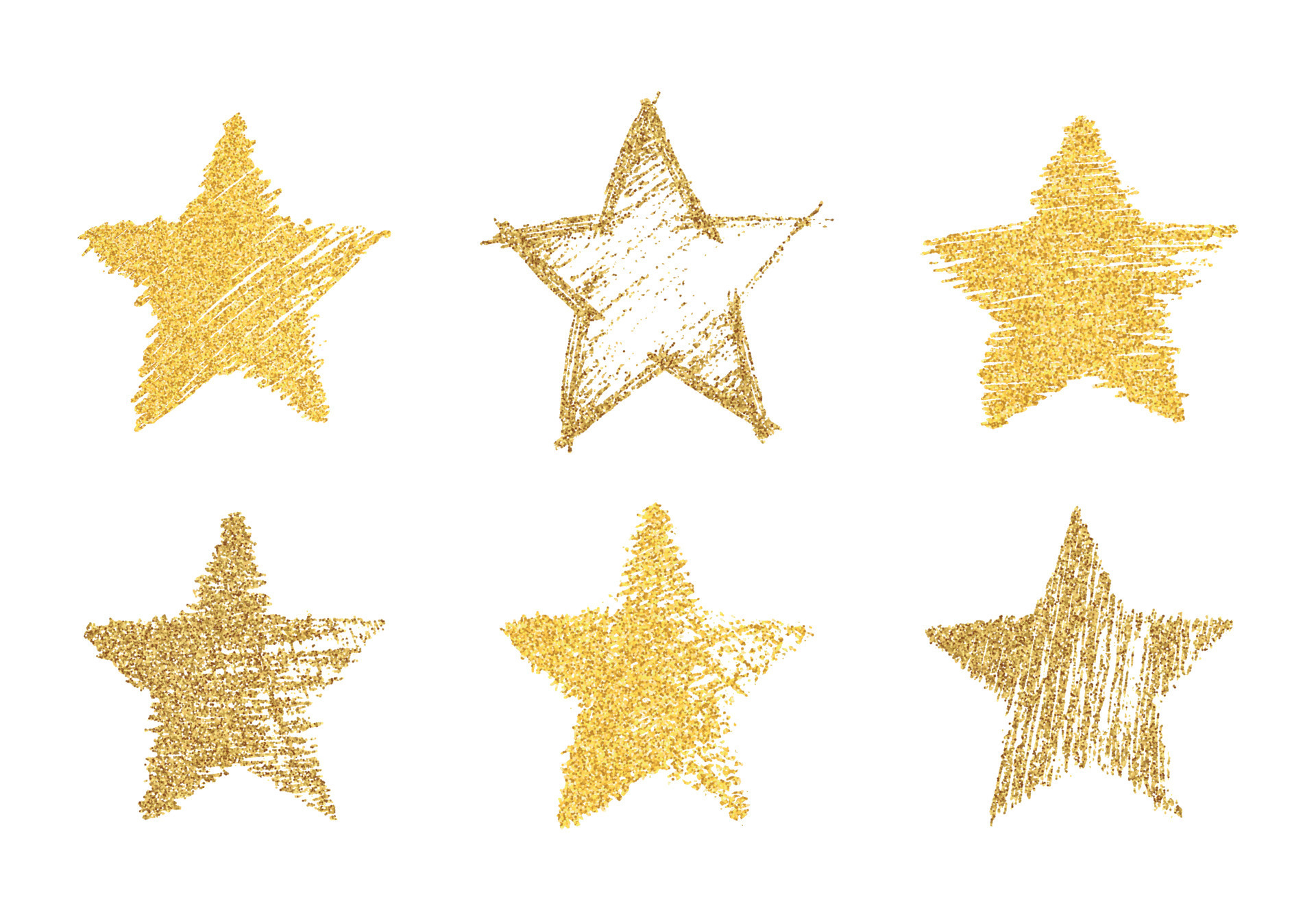 Set of six hand drawn stars with gold glitter effect. Rough star shape in doodle style with gold ...