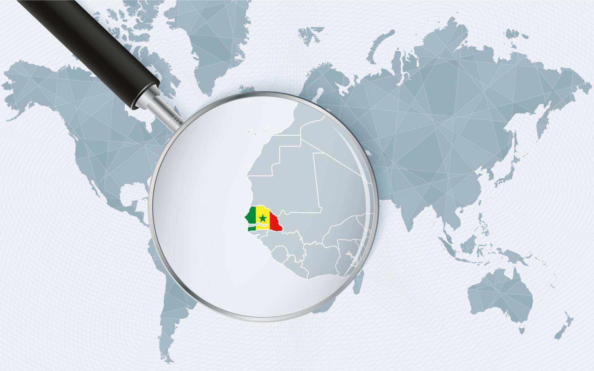 World map with a magnifying glass pointing at Senegal. Map of Senegal with the flag in the loop ...