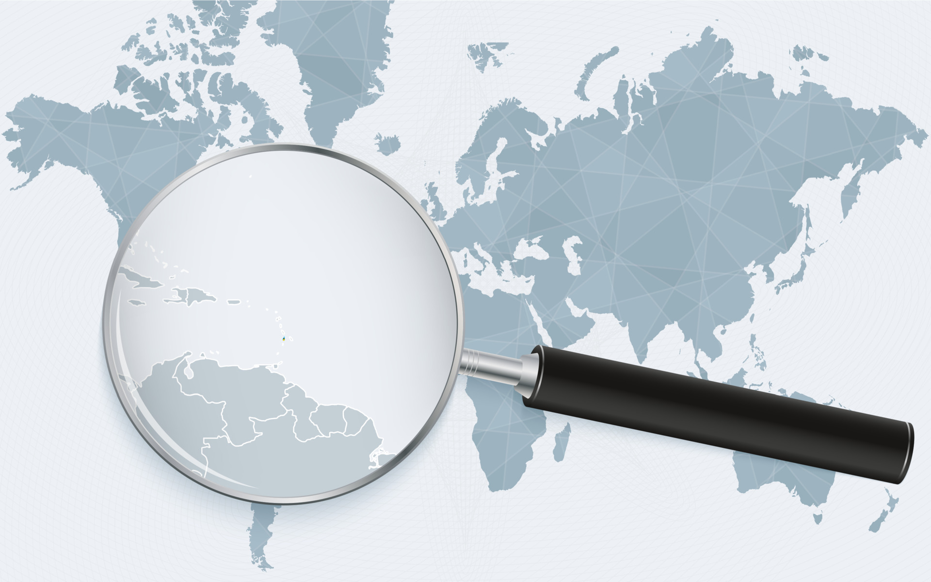 World map with a magnifying glass pointing at Saint Lucia. Map of Saint Lucia with the flag in ...