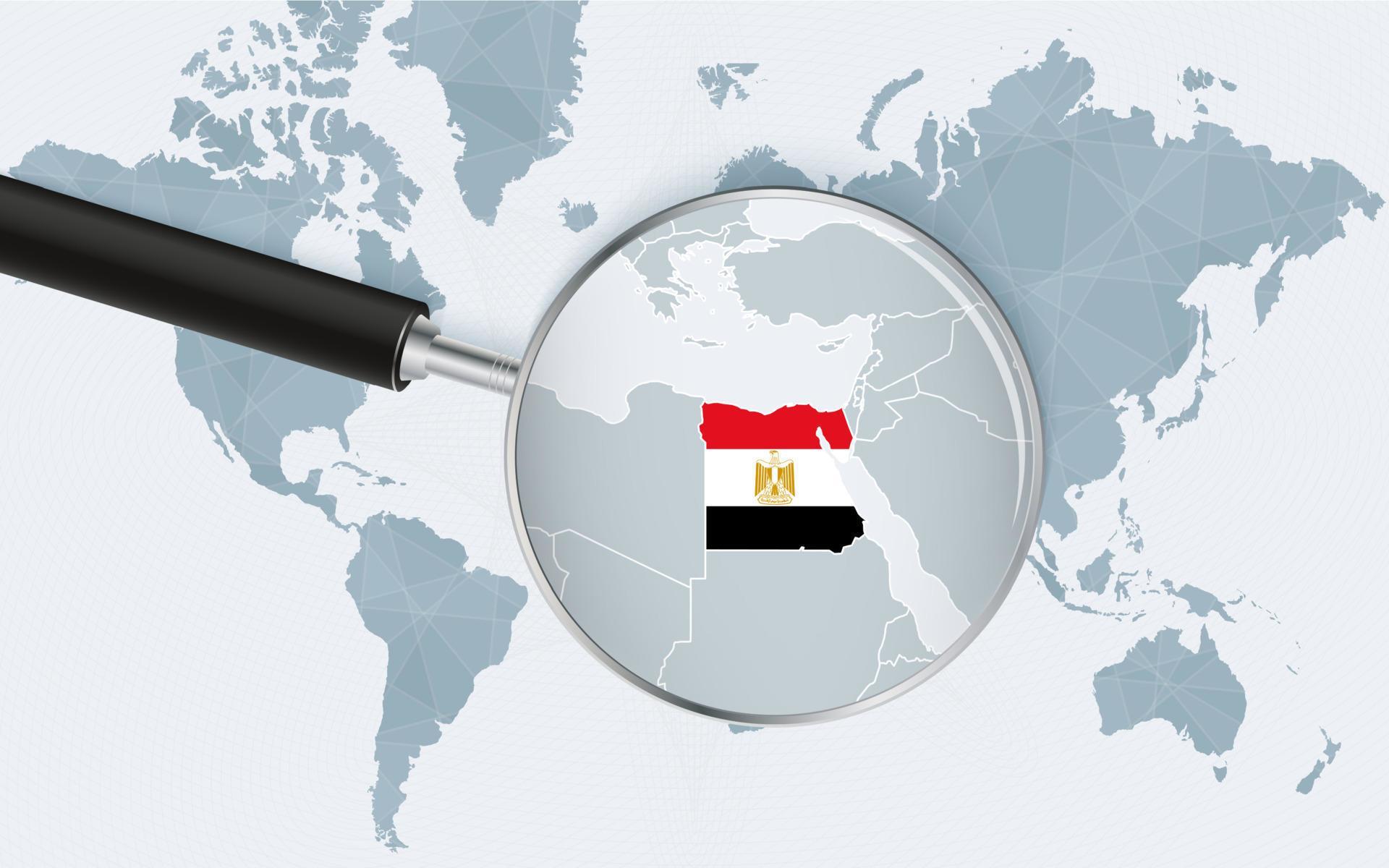 World map with a magnifying glass pointing at Egypt. Map of Egypt with the flag in the loop ...