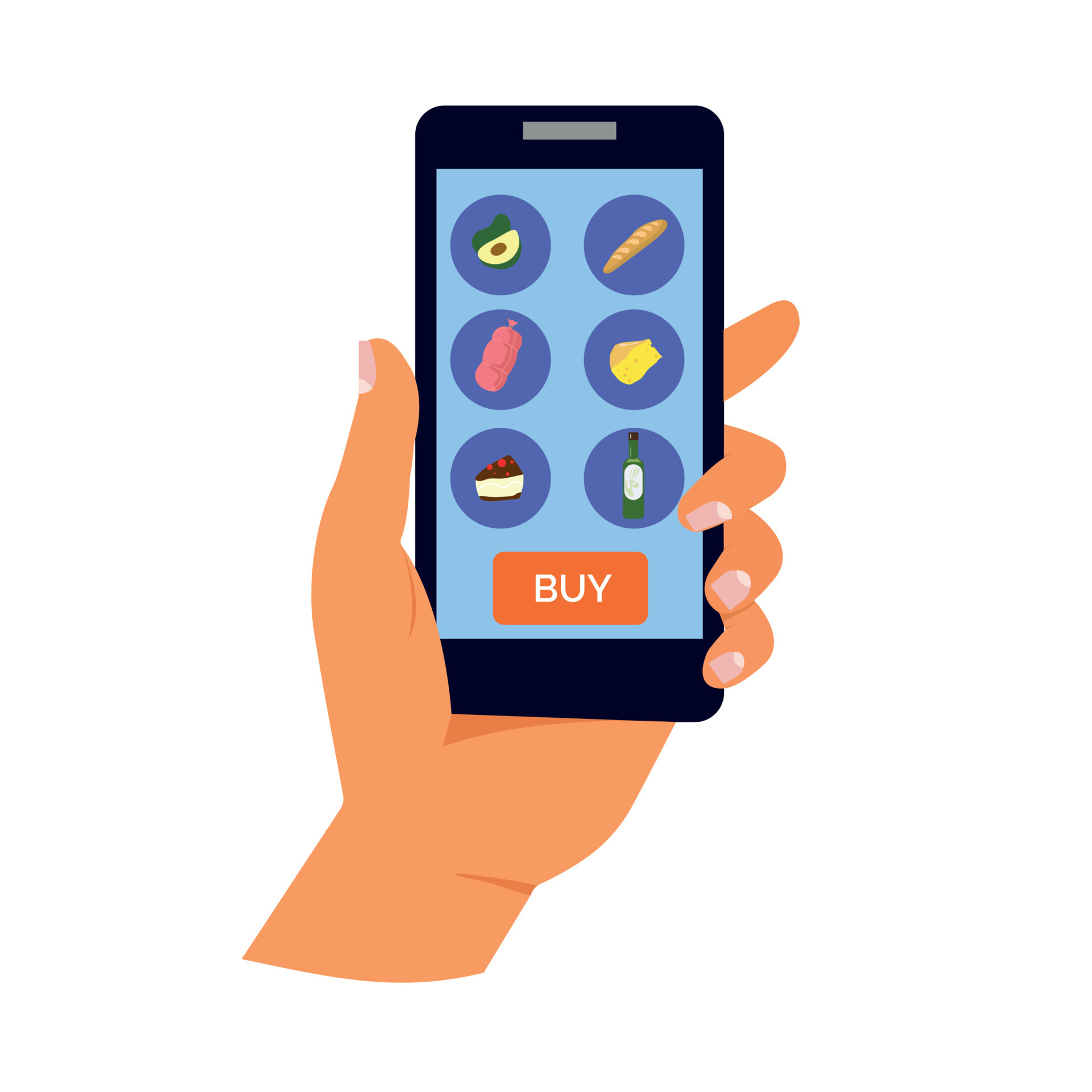 Online grocery shopping concept. Buying food via internet using mobile phone. Female hand ...