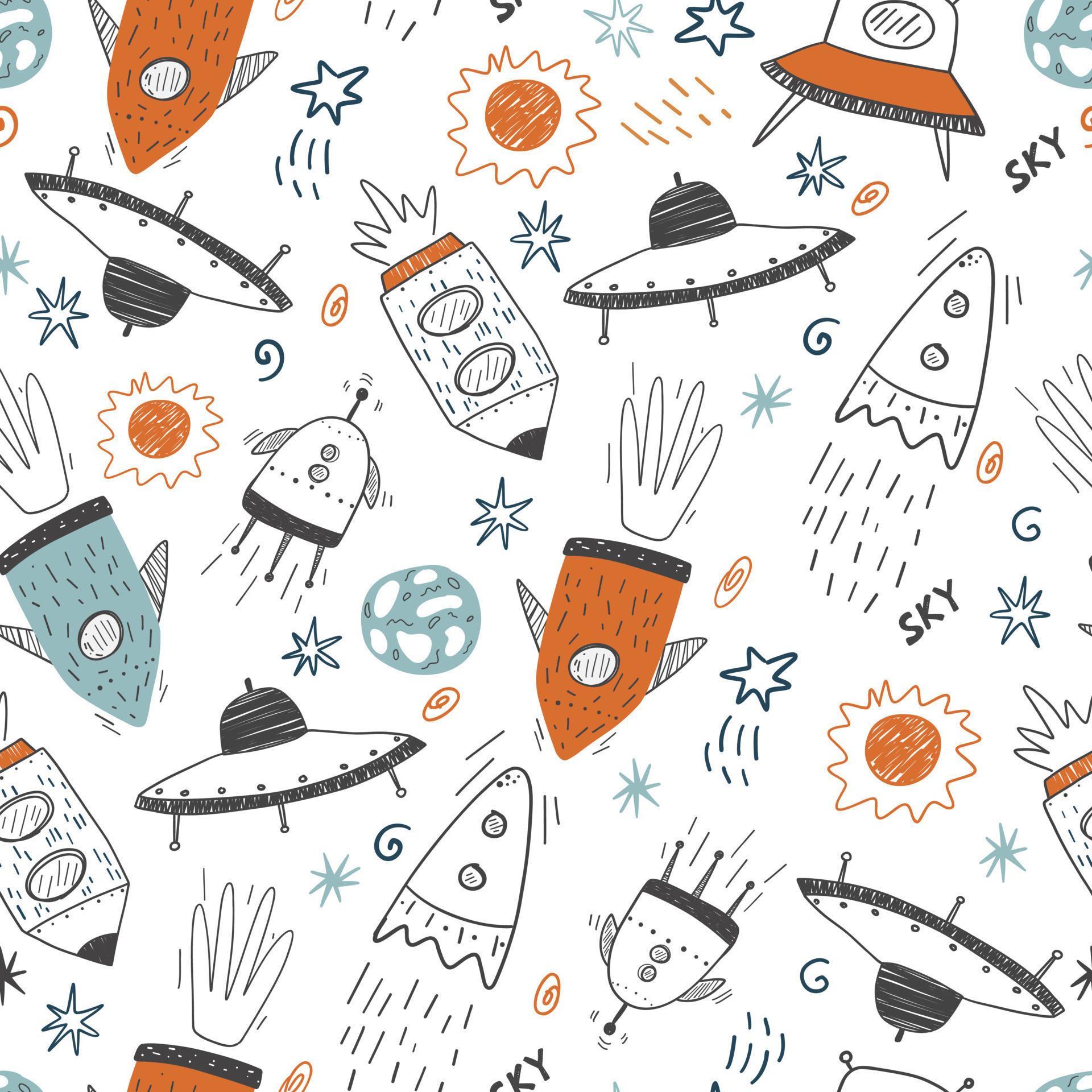 Seamless childish cosmic pattern with cute rockets, lettering and stars in space. Repeating ...