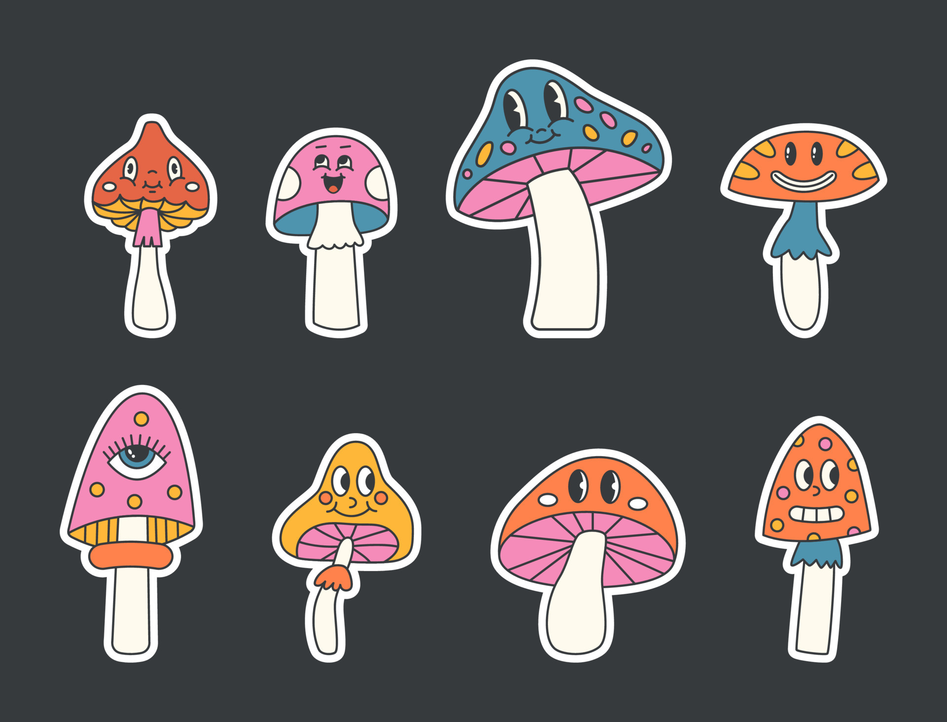 Groovy mushrooms retro set 18928601 Vector Art at Vecteezy