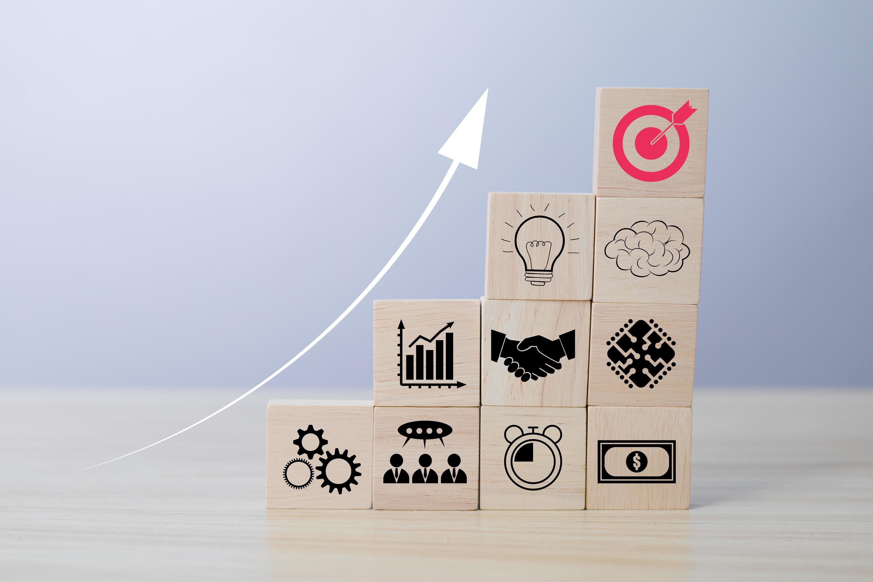 Stack woods block step on table with icon about business strategy and ...