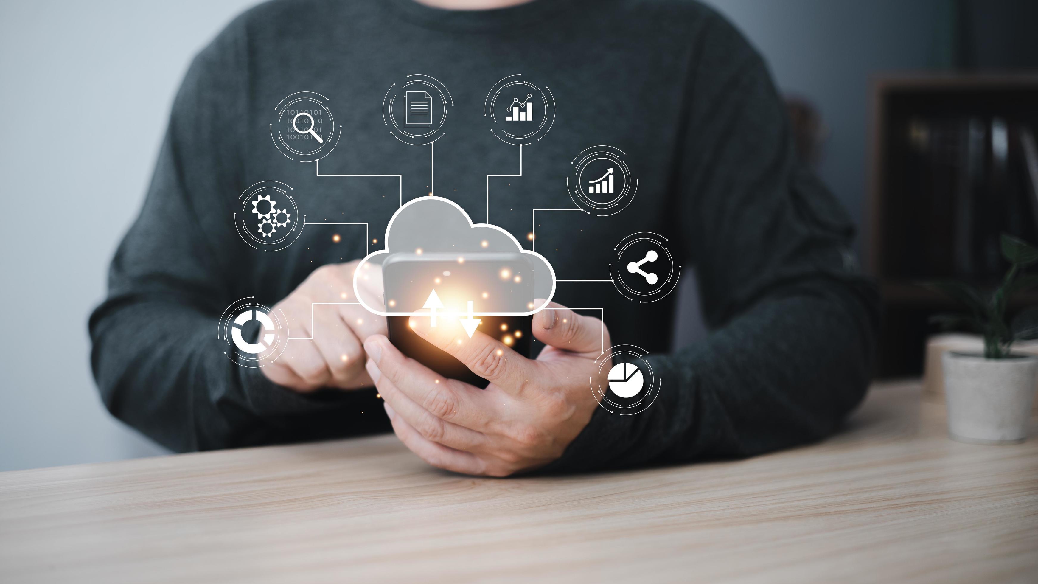 man holding cloud computing diagram show on hand. Data storage.Cloud ...