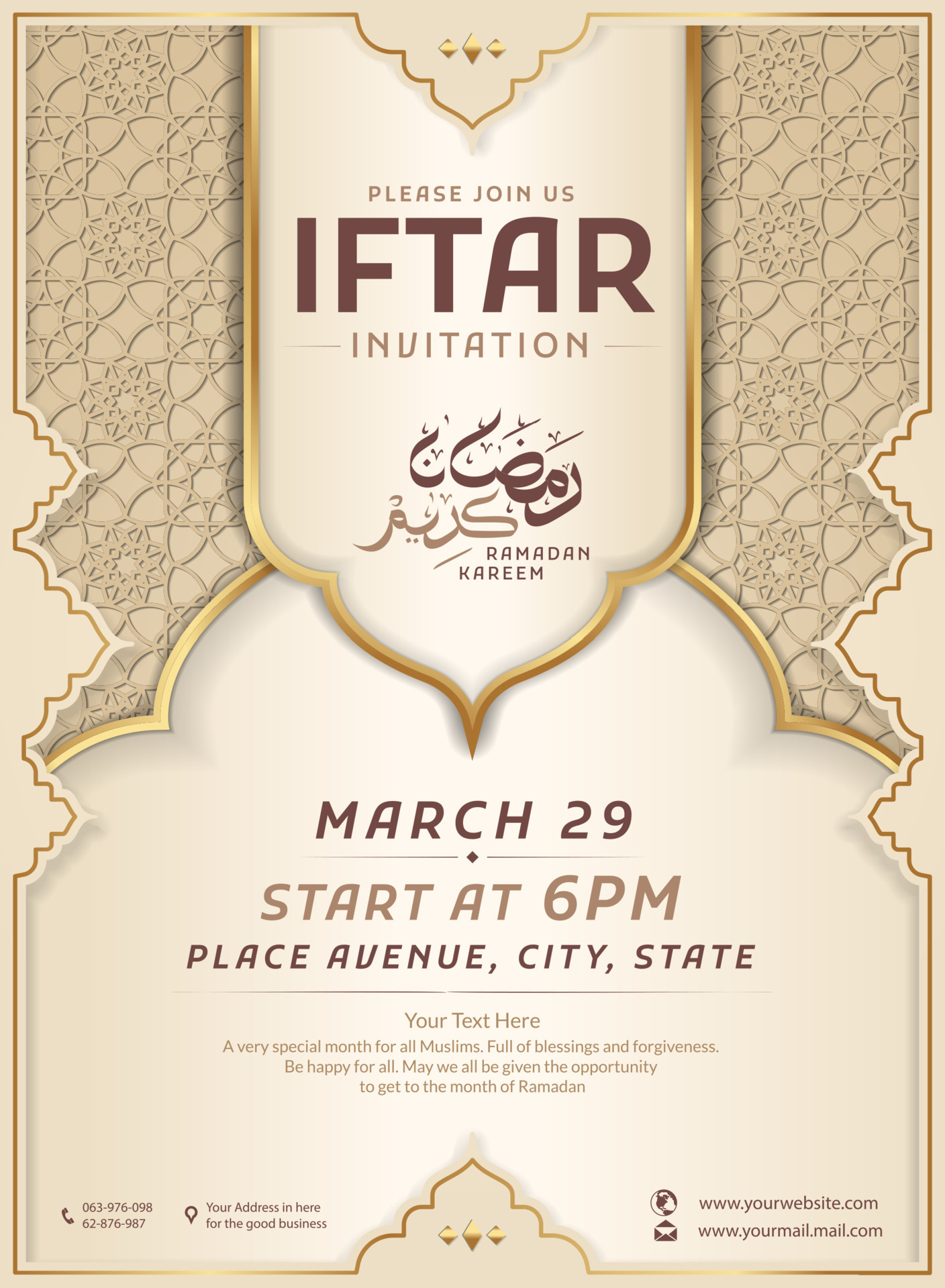 Ramadan iftar invitation flyer poster with Islamic style design decorated with arabic geometry ...