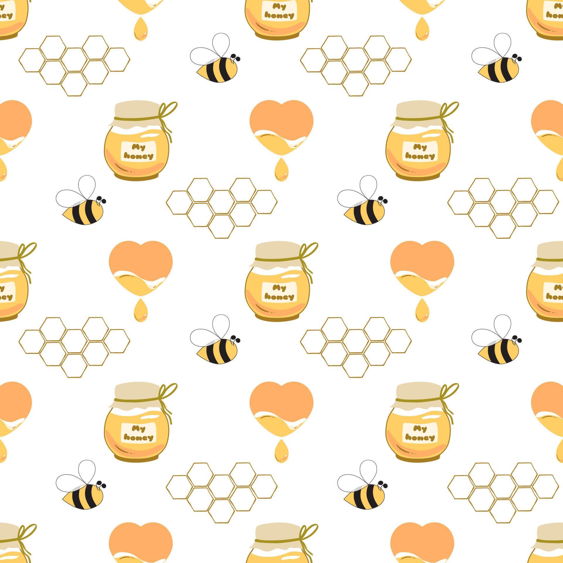 Sweet honey seamless pattern Honey jar heart, bee, honeycomb background ...