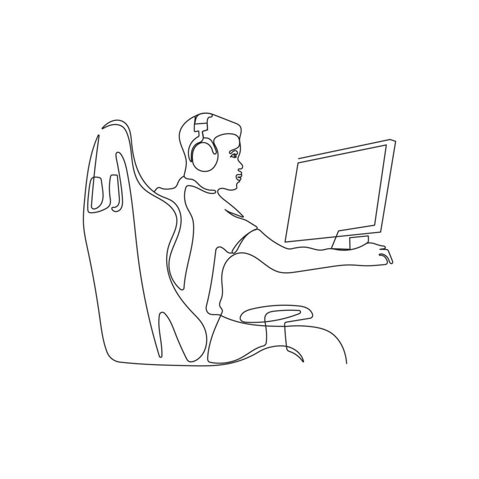 Man learning or working online. One line art. A developer programming ...