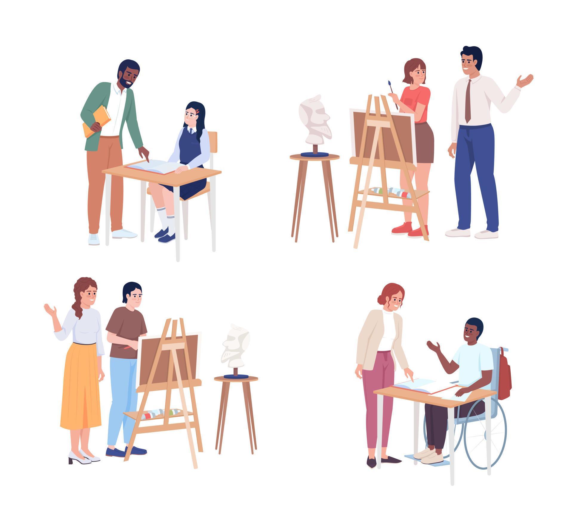 Supportive teacher and students semi flat color vector characters set ...