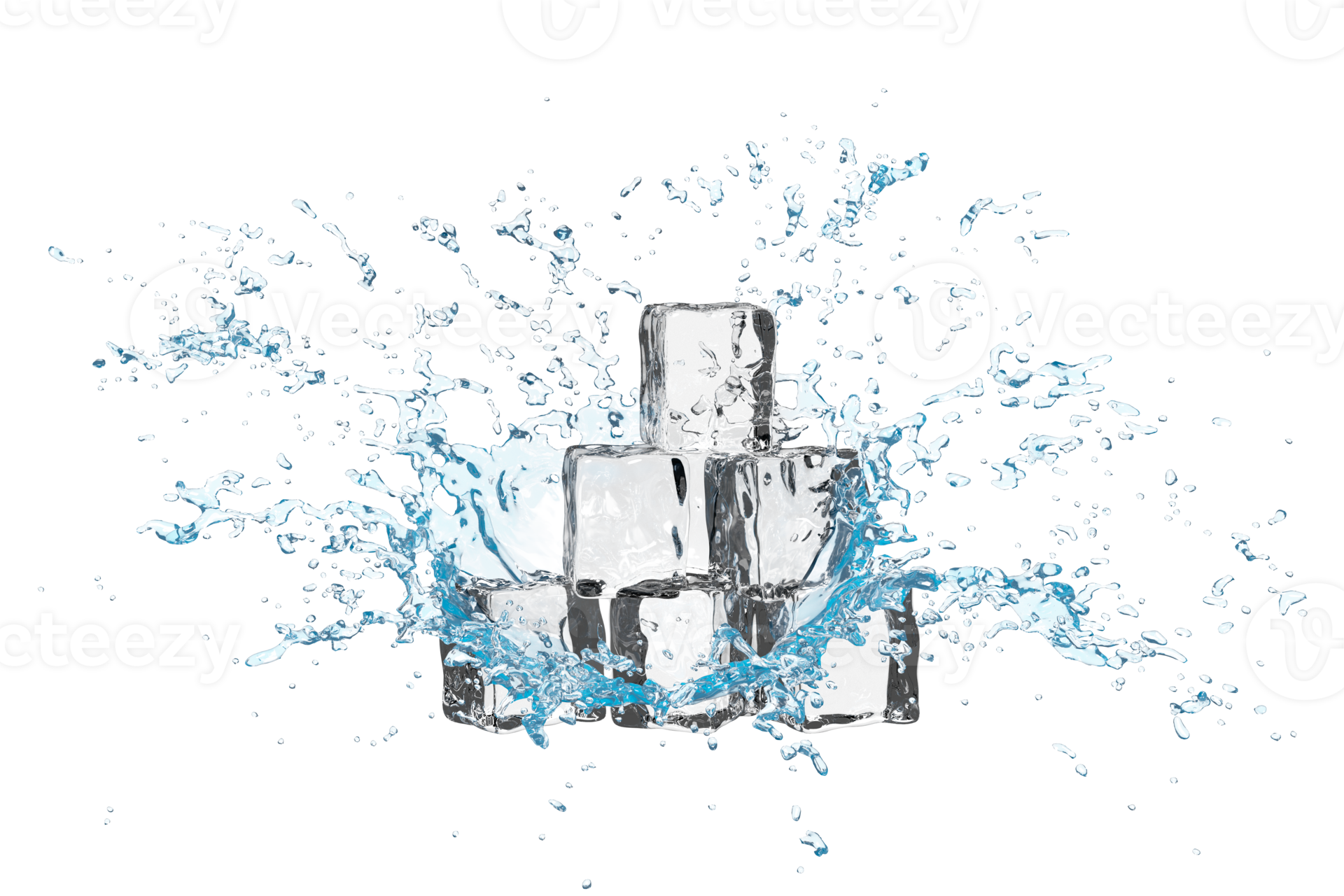 3d ice cubes with water splash transparent, clear blue water scattered around isolated. 3d ...