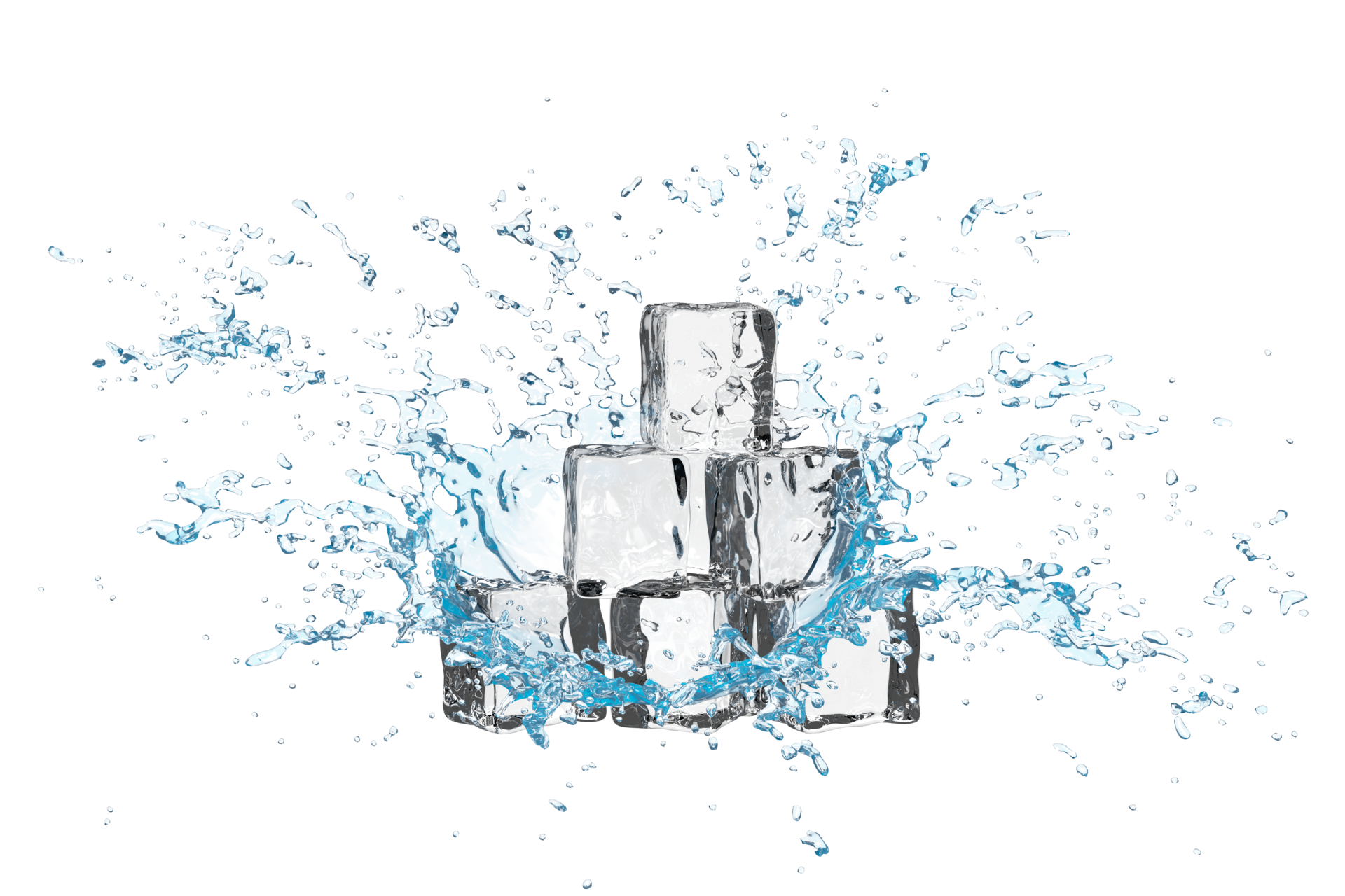 3d ice cubes with water splash transparent, clear blue water scattered around isolated. 3d ...