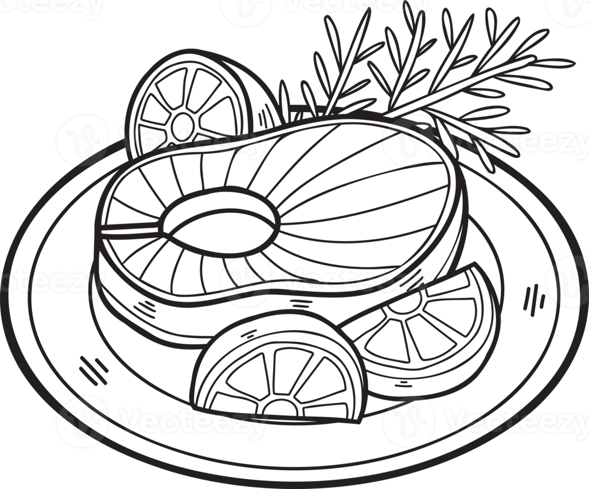 Hand Drawn Salmon Steak On A Plate Illustration In Doodle Style 18974409 Png