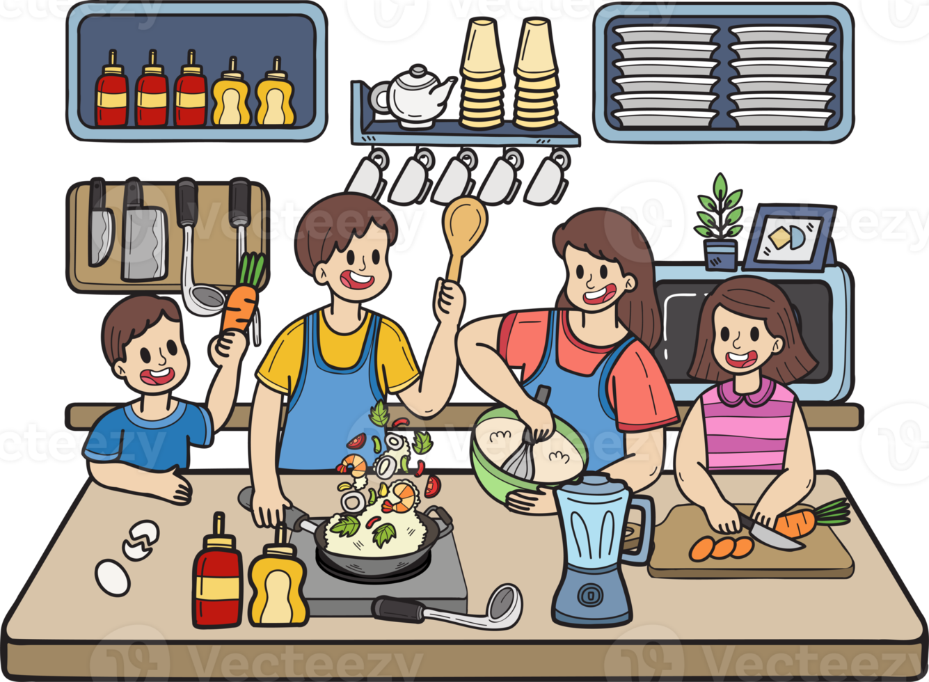 Familia Dibujada A Mano Cocinando Juntos En La Ilustración De La Cocina En Estilo Garabato
