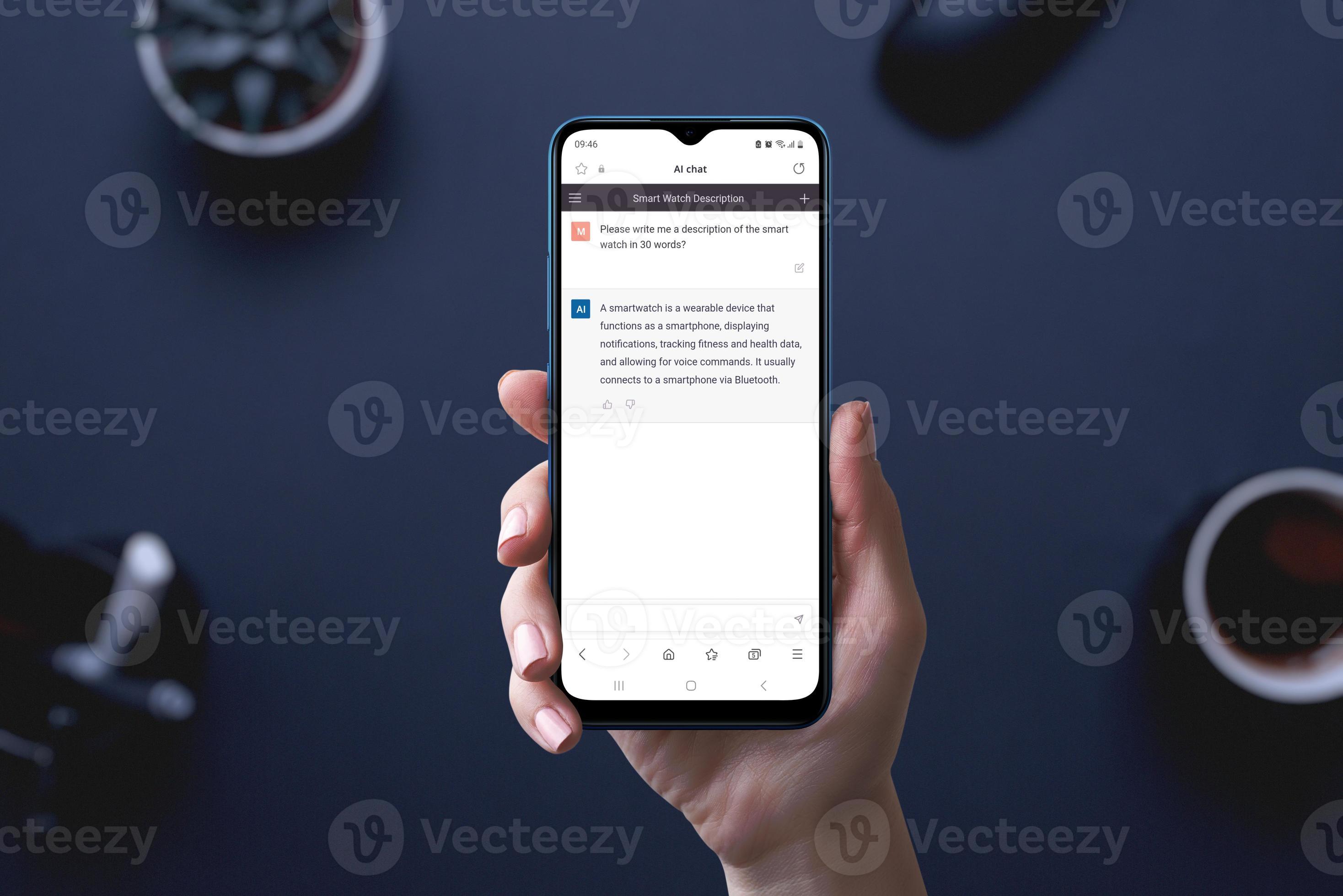 Artificial intelligence chat app on phone display in hand. User asks ...