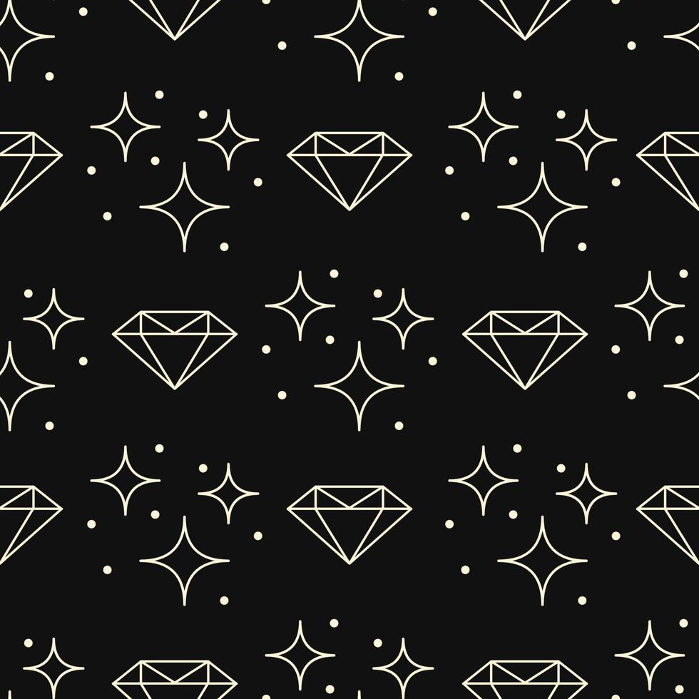 Linear diamond and stars on black vector seamless pattern. Outline gem ...