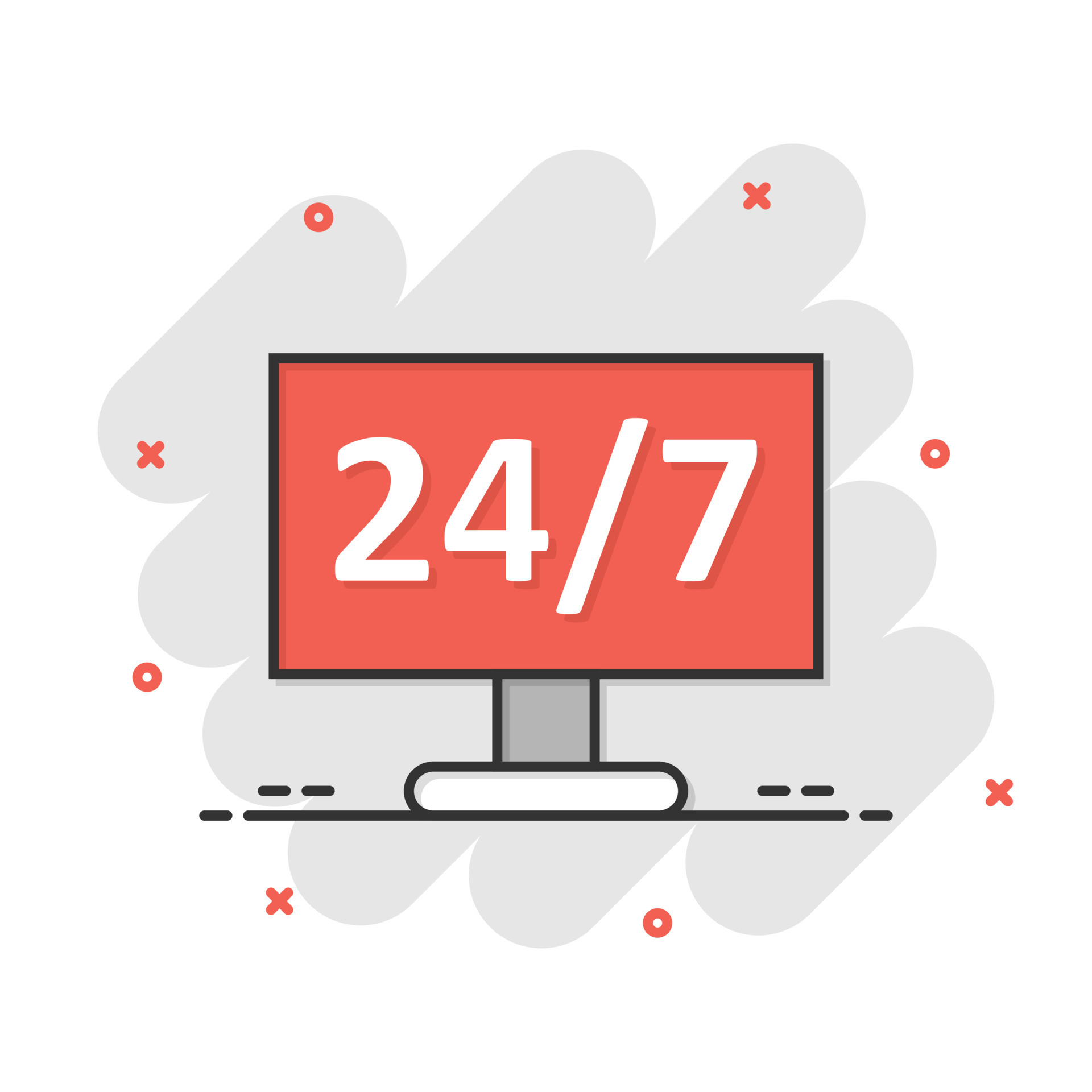 Icono de computadora 24 7 en estilo cómic. ilustración de vector de dibujos animados de servicio ...