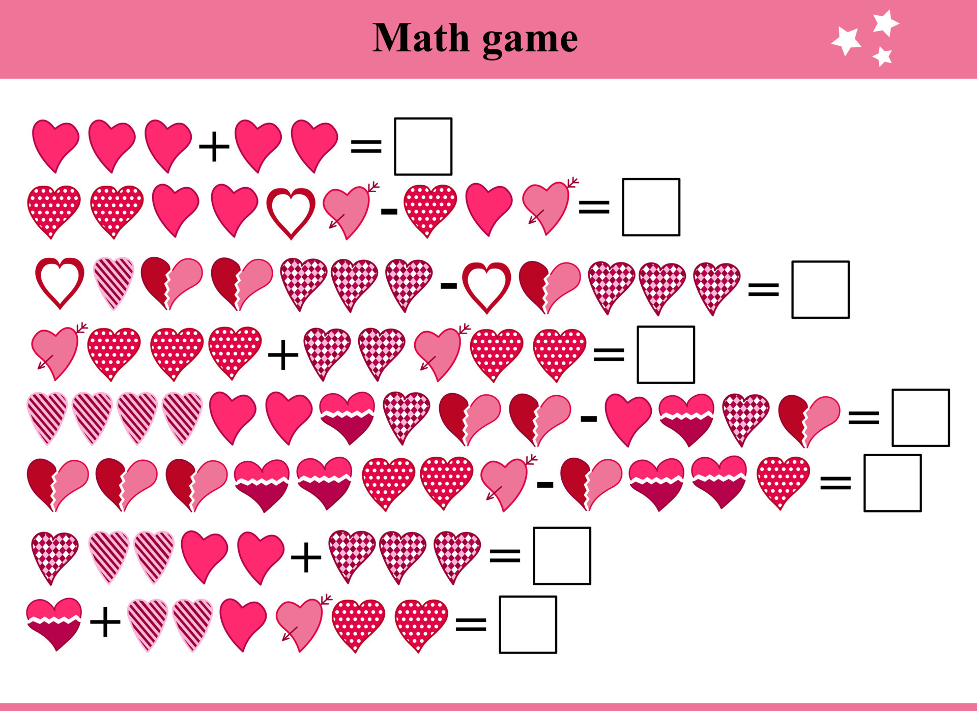 Examples of addition and subtraction with hearts. Educational page with ...