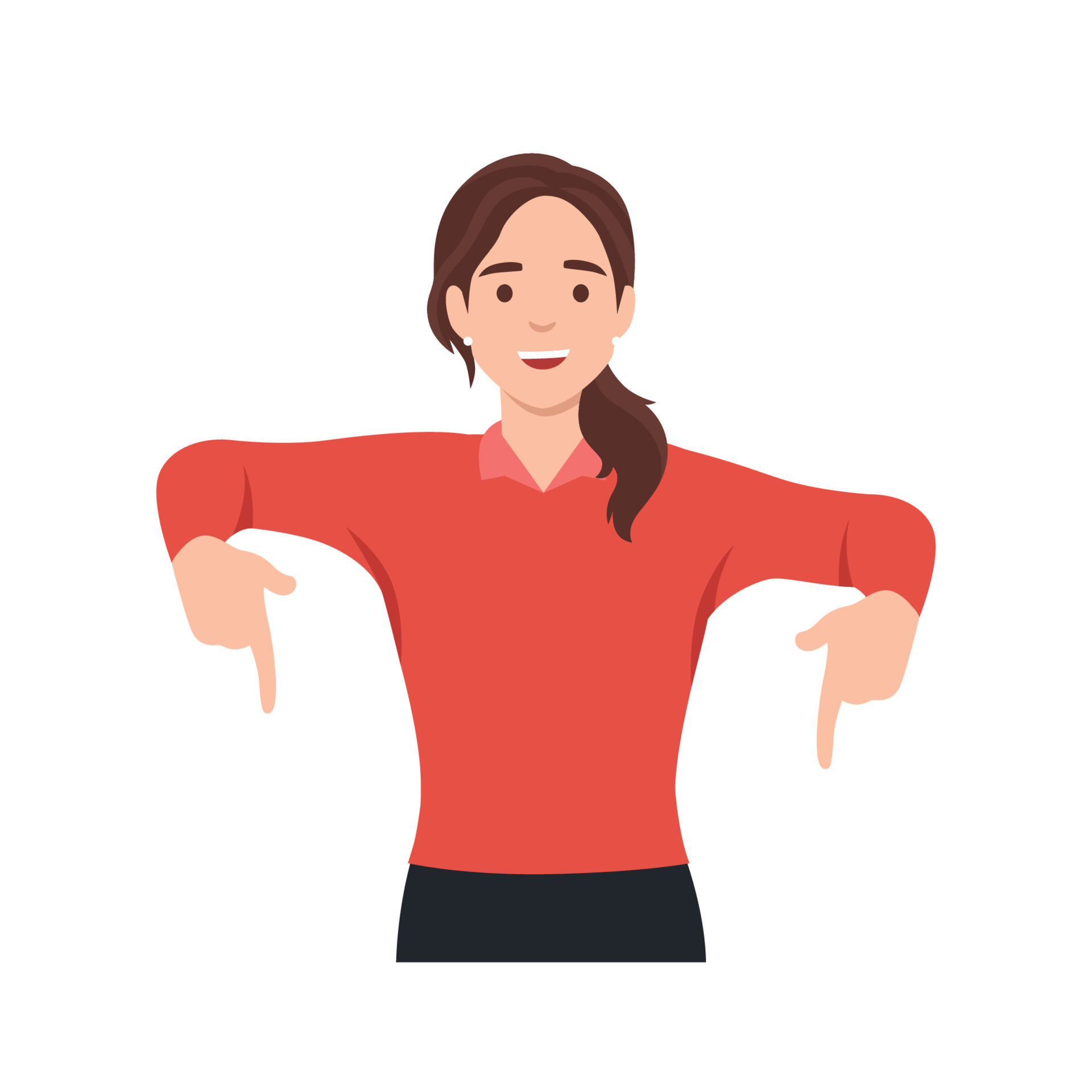 Young woman standing behind the white blank banner and pointing down at a copy space. Flat ...