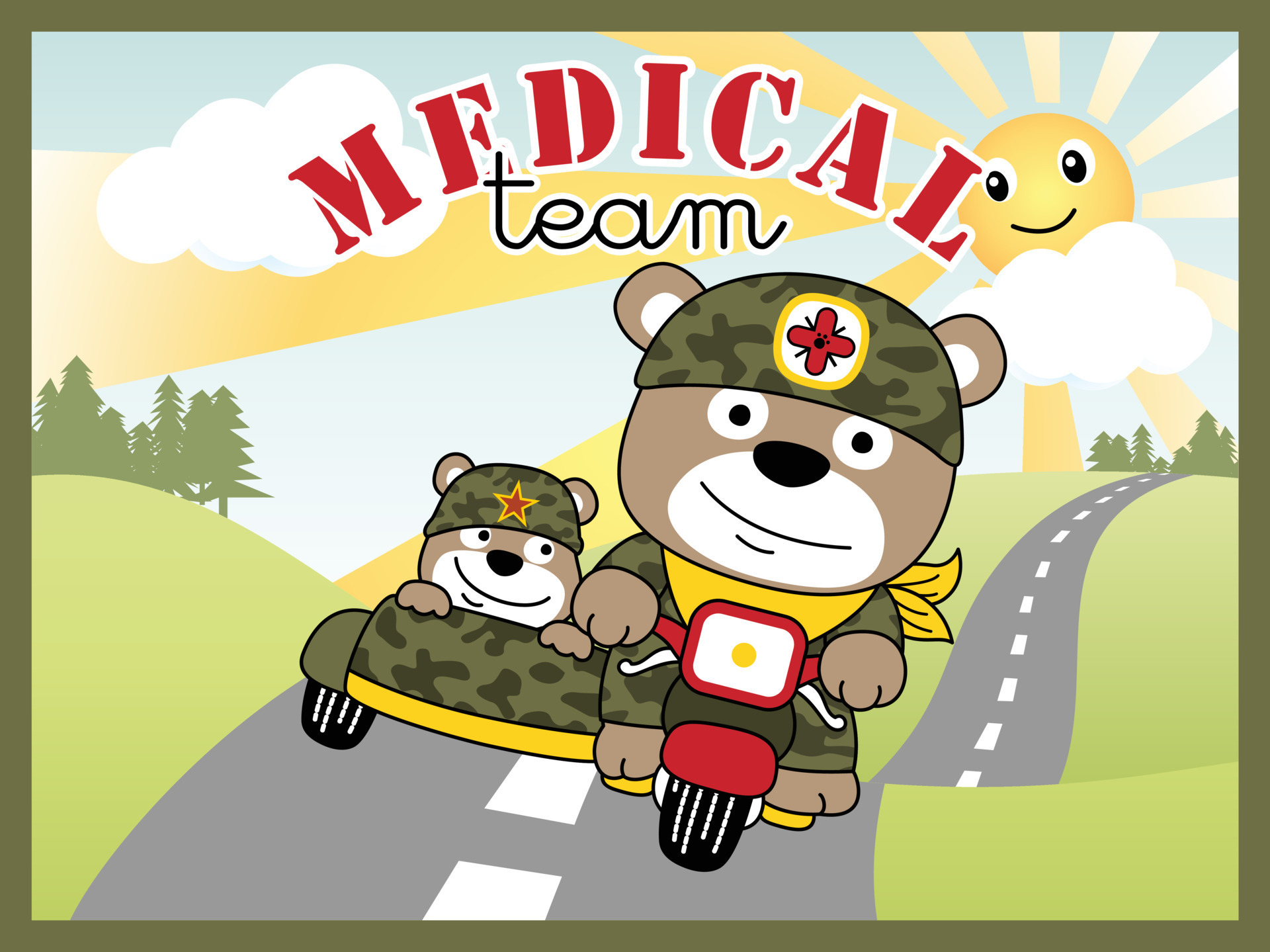Funny Bear Soldier On Military Motorcycle With Sidecar Medical Team On Landscape Background funny-bear-soldier-on-military-motorcycle-with-sidecar-medical-team-on-landscape-background