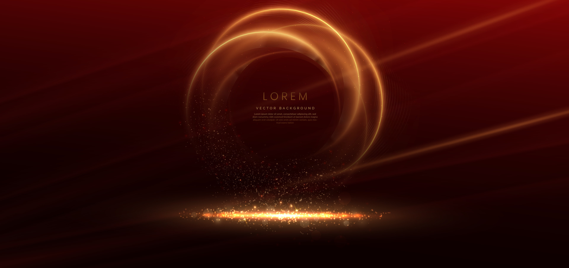 Abstract glowing gold circle lines on red background with lighting effect and sparkle with copy ...