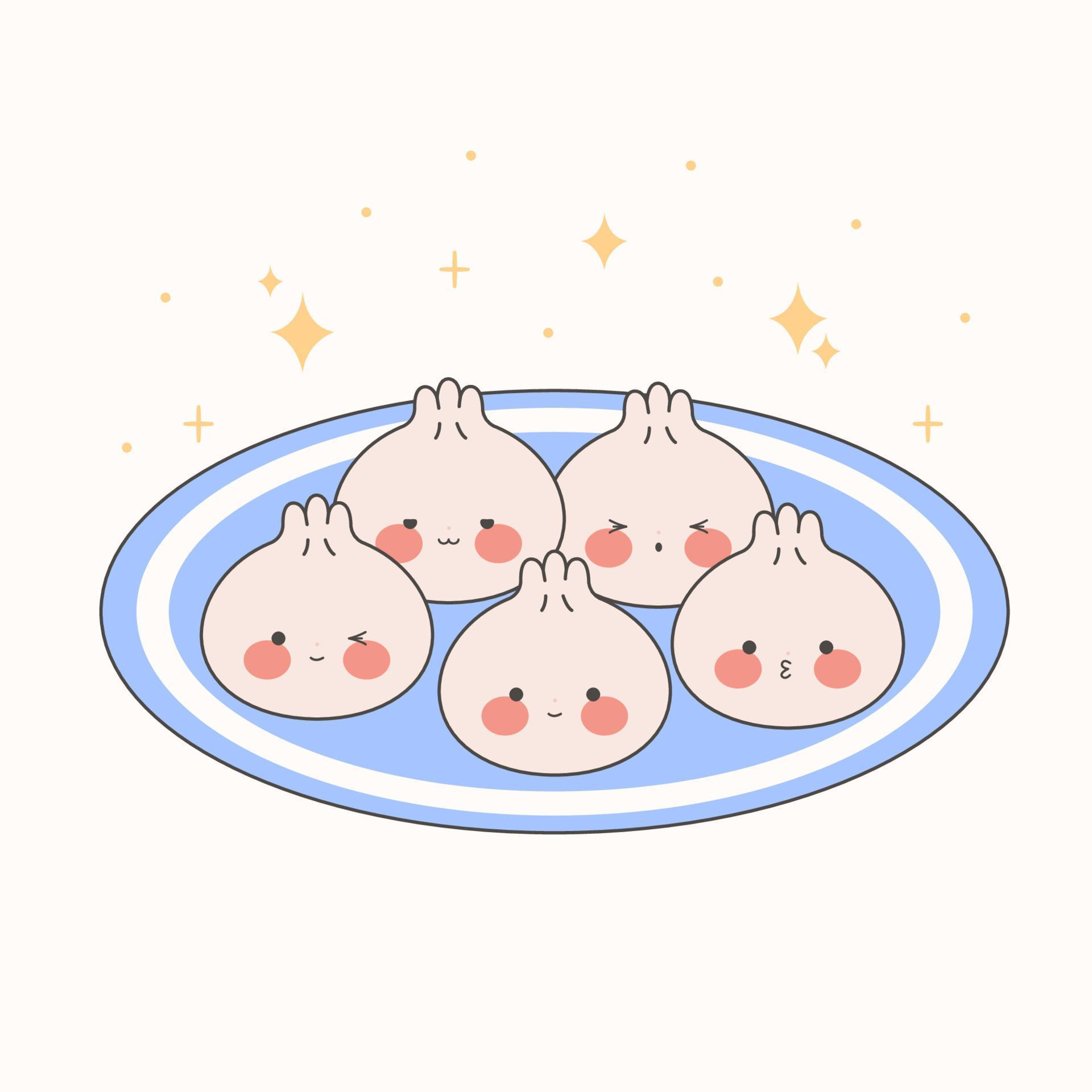 Cute Dumplings With Different Emoticons On A Bamboo Board Kawaii Dim