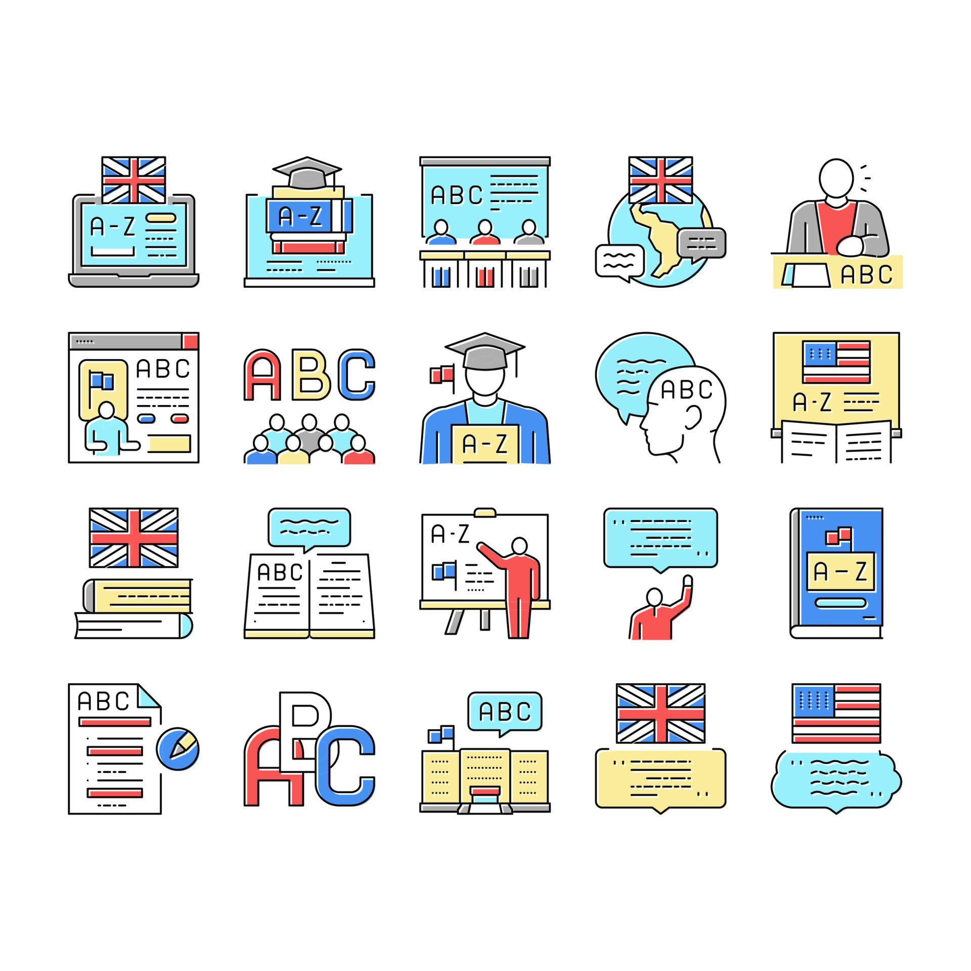 English Language Learn At School Icons Set Vector 19001635 Vector Art ...