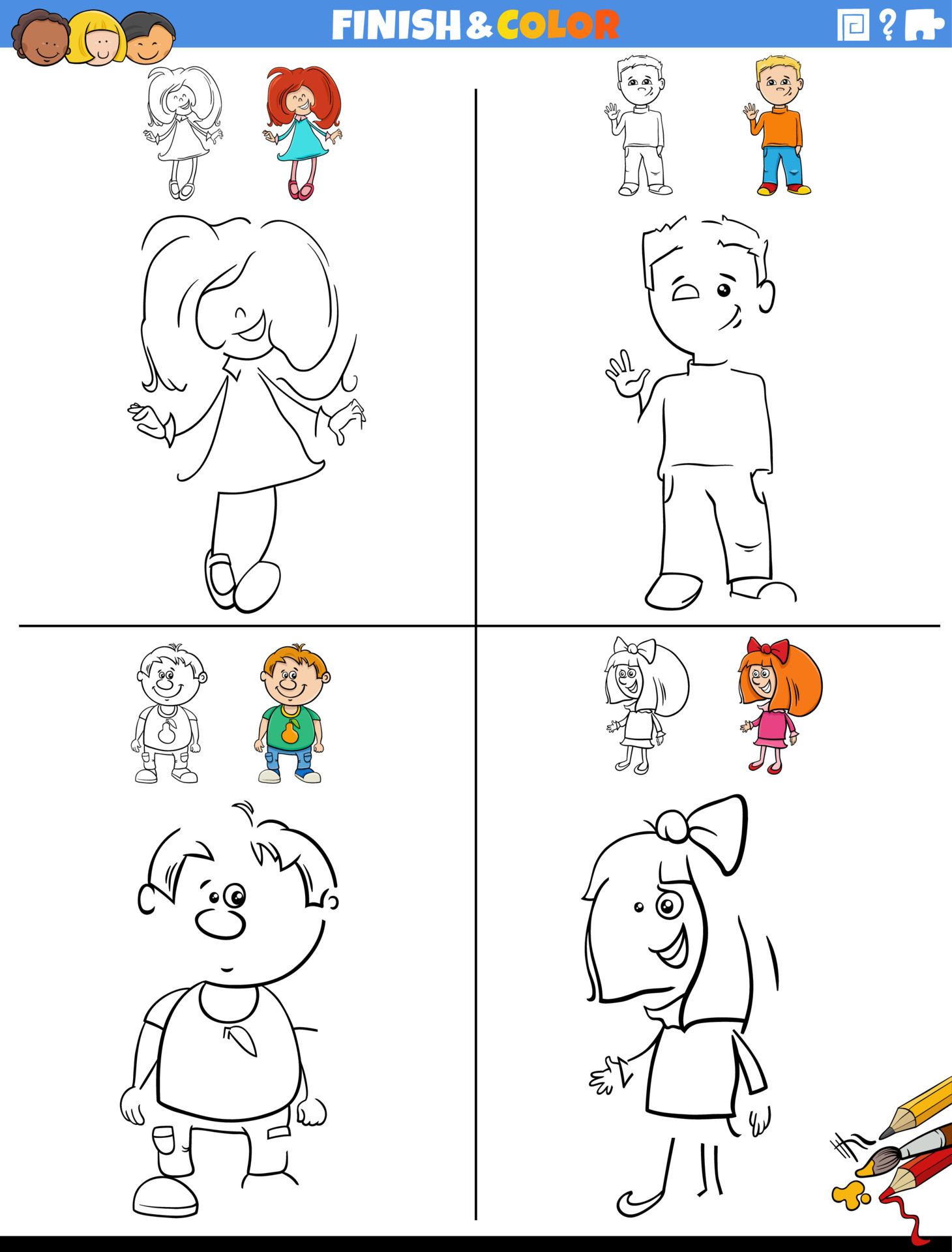 drawing and coloring worksheets set with cartoon kids 19002015 Vector ...