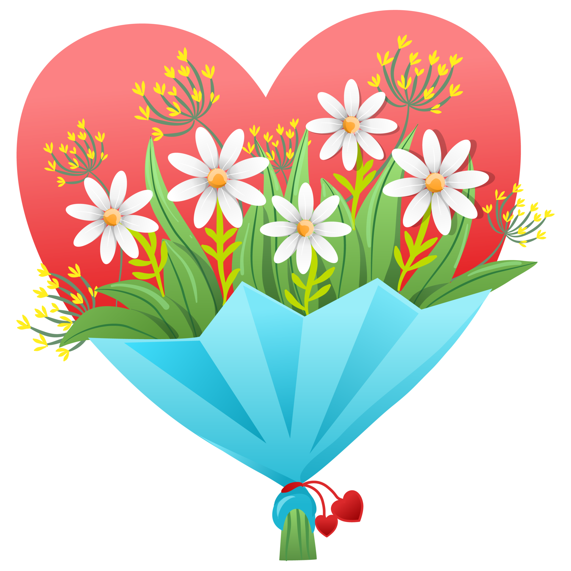 Bouquet Of Heart Shaped Flowers Daisies And Leaves Wrapped In Blue Wrapping Paper For T Or