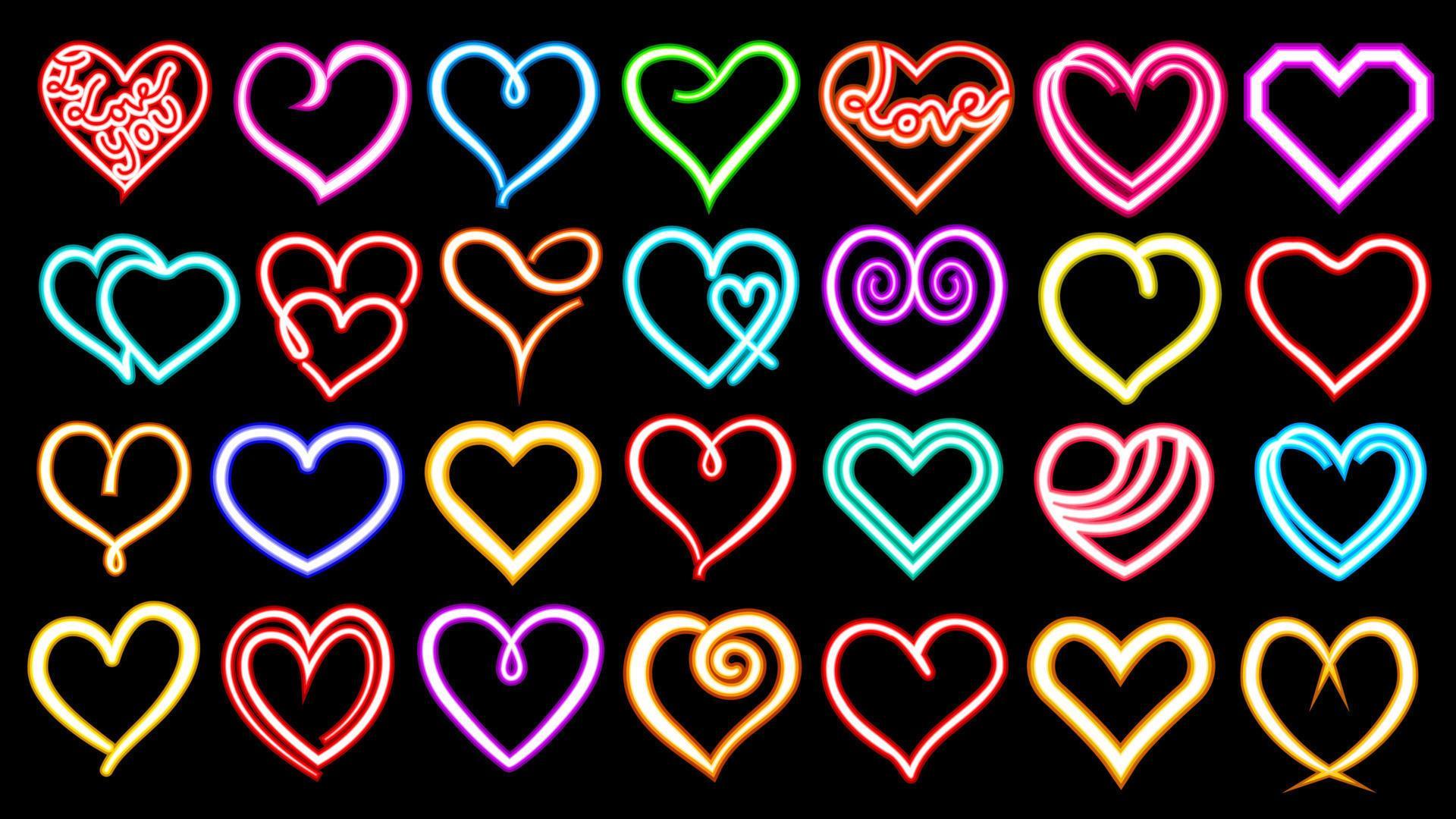 Colorful vector neon hearts. Glowing colorful neon lights in heart shape. Linear shining ...