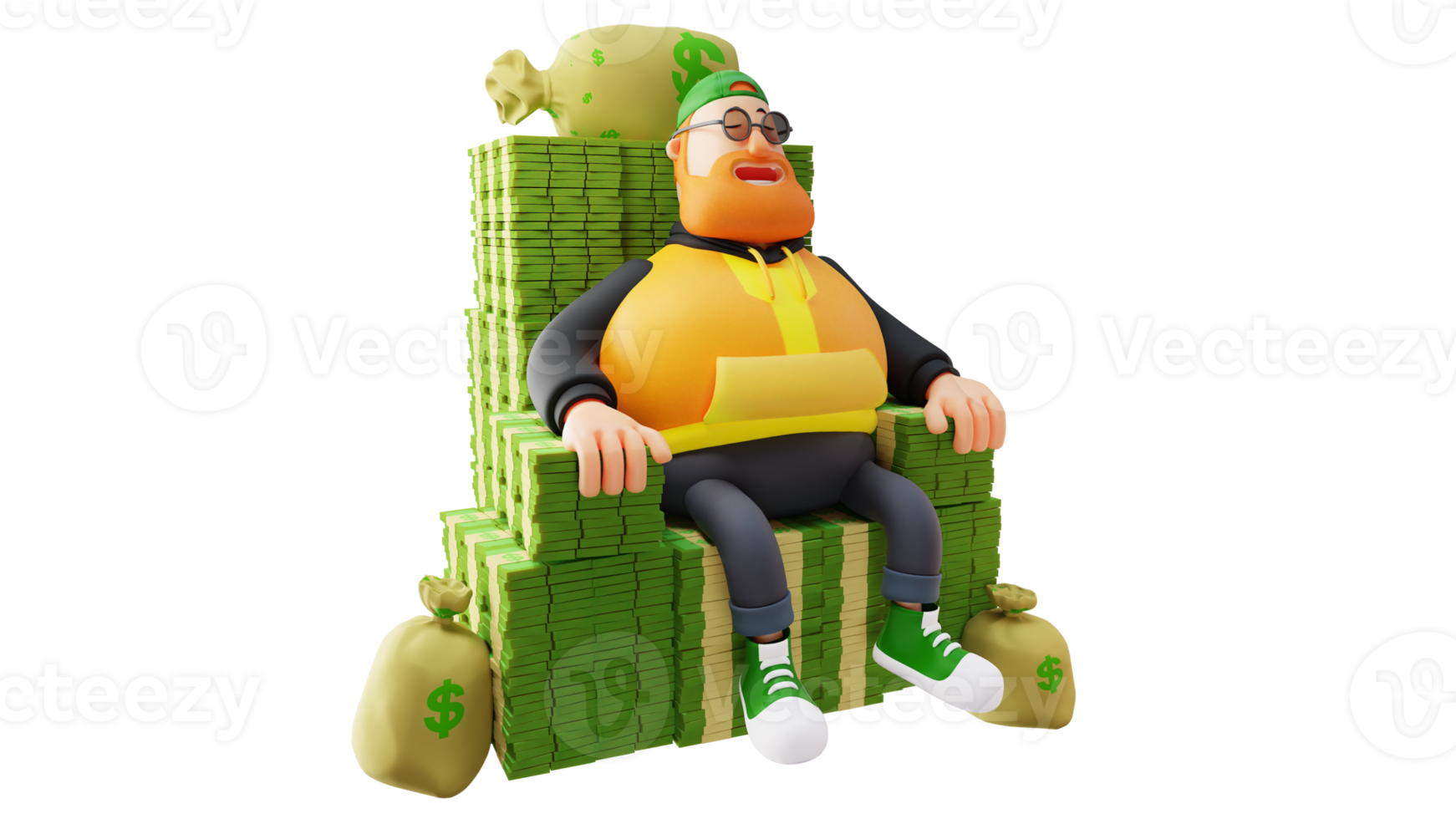 3d Illustration Rich Fat Man 3d Cartoon Character Rich Man Sit On A Pile Of Lots Of Money The