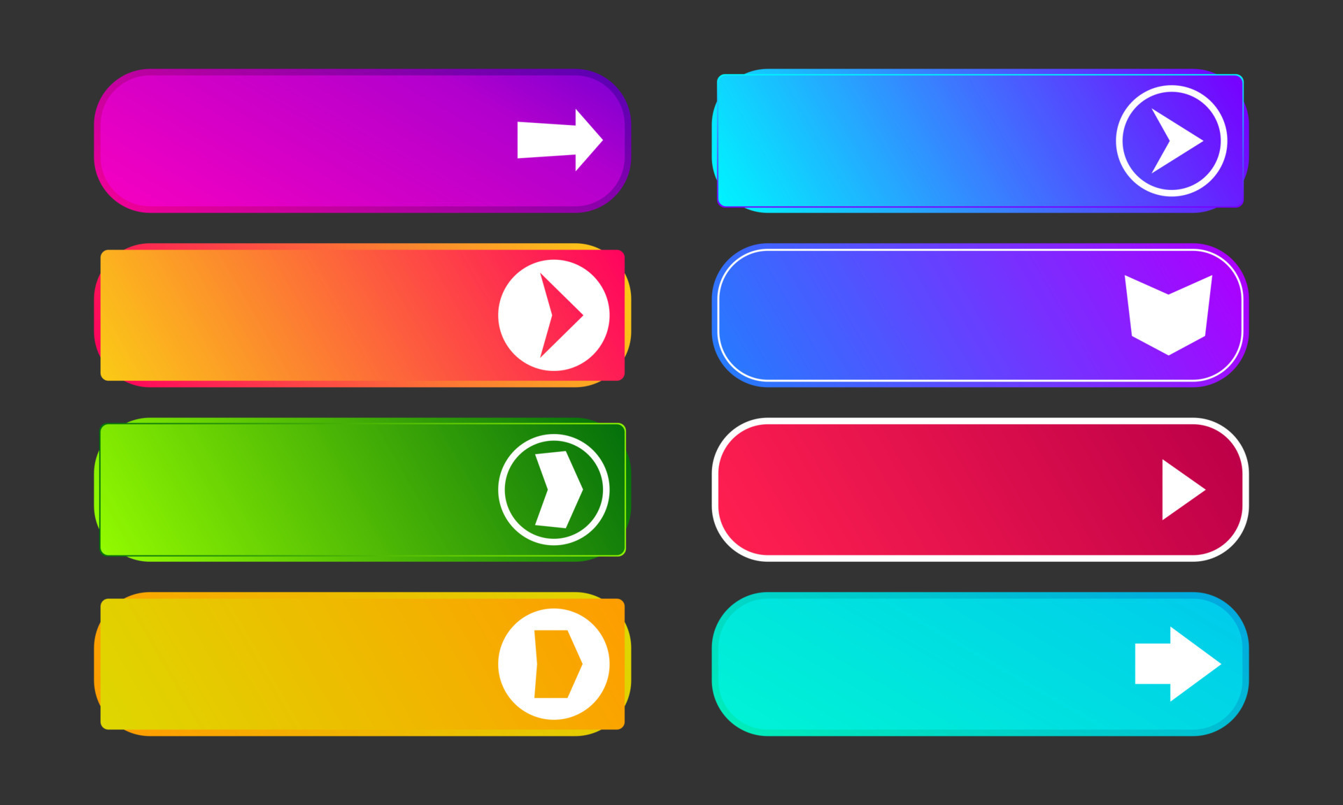 Colorful gradient buttons with arrows. Set of eight modern abstract web buttons. Vector ...