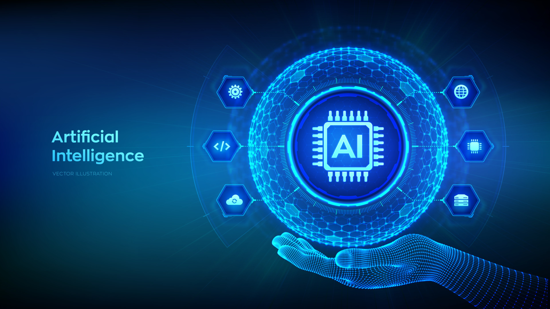 AI. Artificial Intelligence in the shape of sphere with hexagon grid pattern in wireframe hand ...