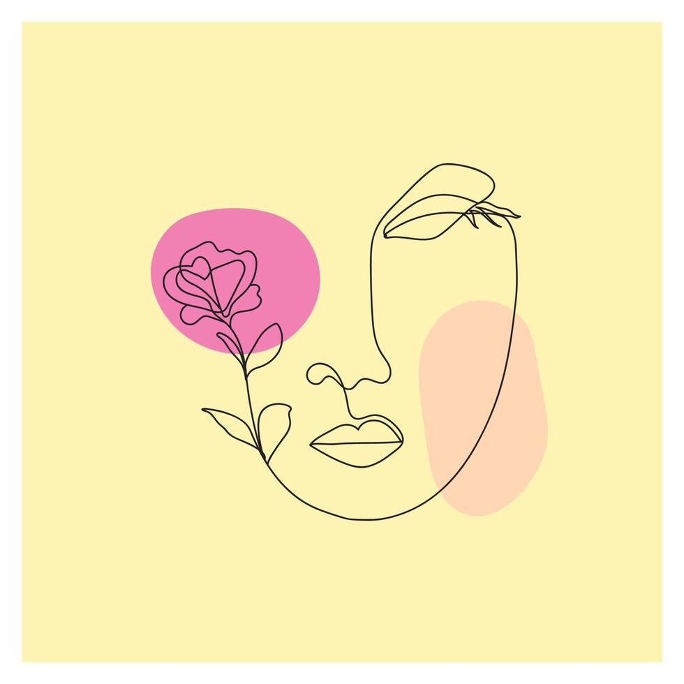 Line Drawing Of Beauty Woman Fave With Leaves Continuous Line Art