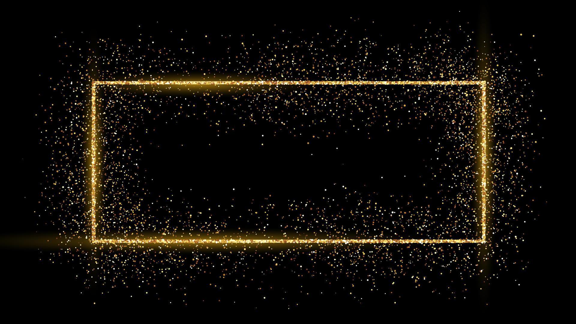 Golden rectangle frame with glitter, sparkles and flares on dark background. Empty luxury ...