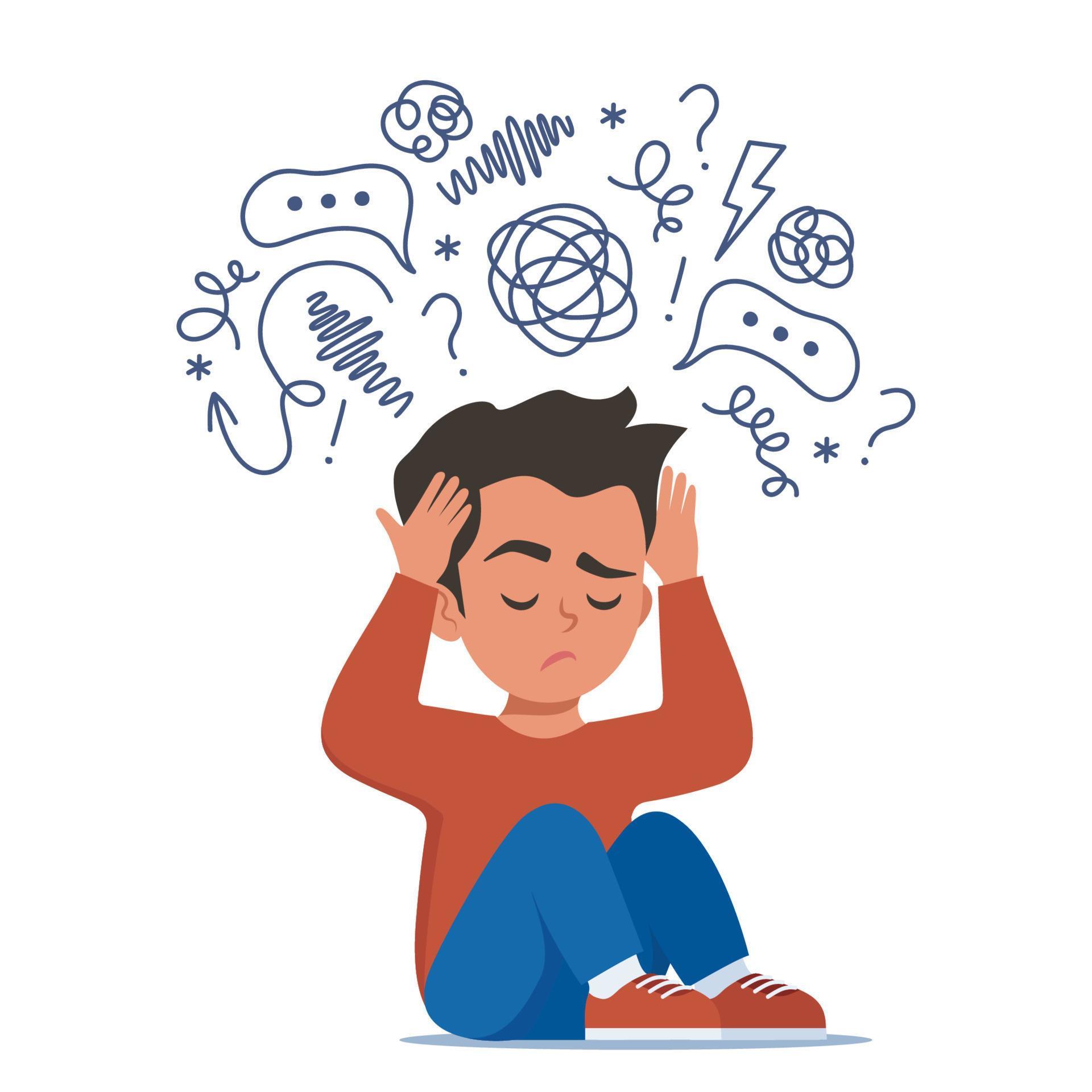 Sad boy sitting on floor surrounded by by stream of anxious thoughts ...
