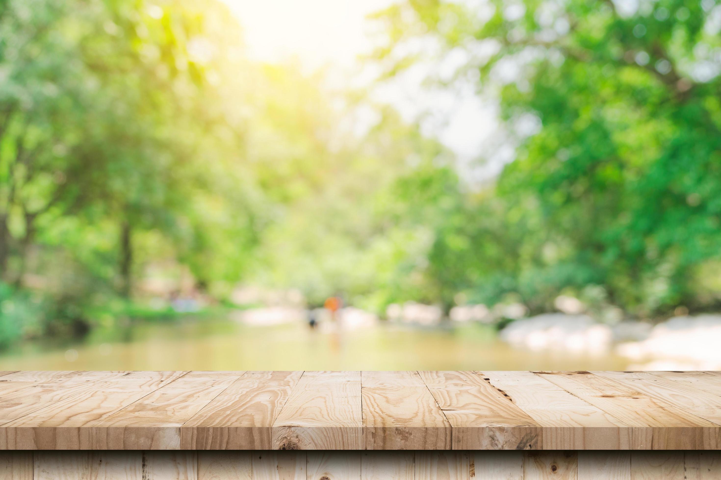 Wooden Table And Blurred Green Nature Garden Background With Copy Space