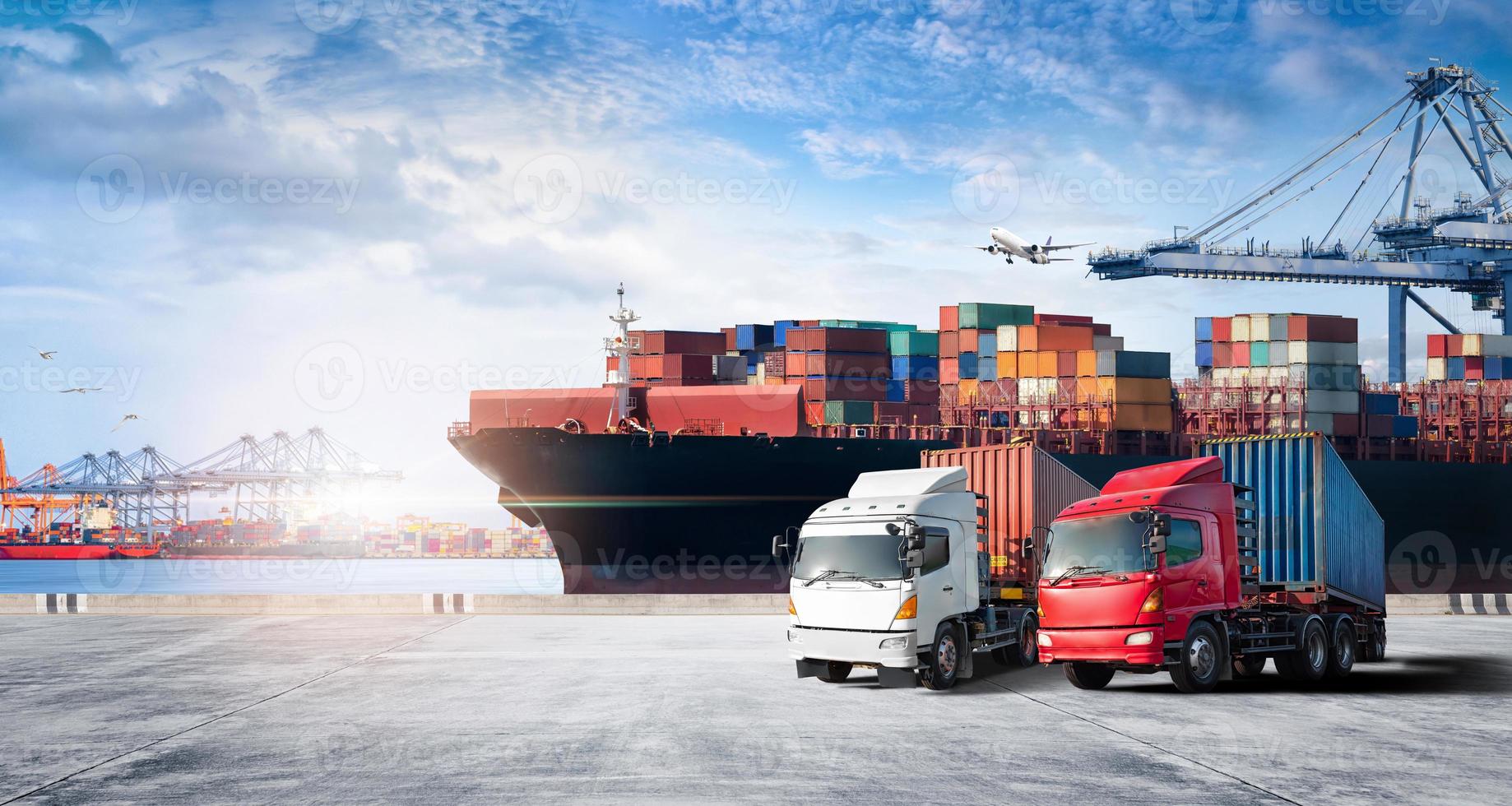 Container Cargo Freight Ship During Discharging At Industrial Port And