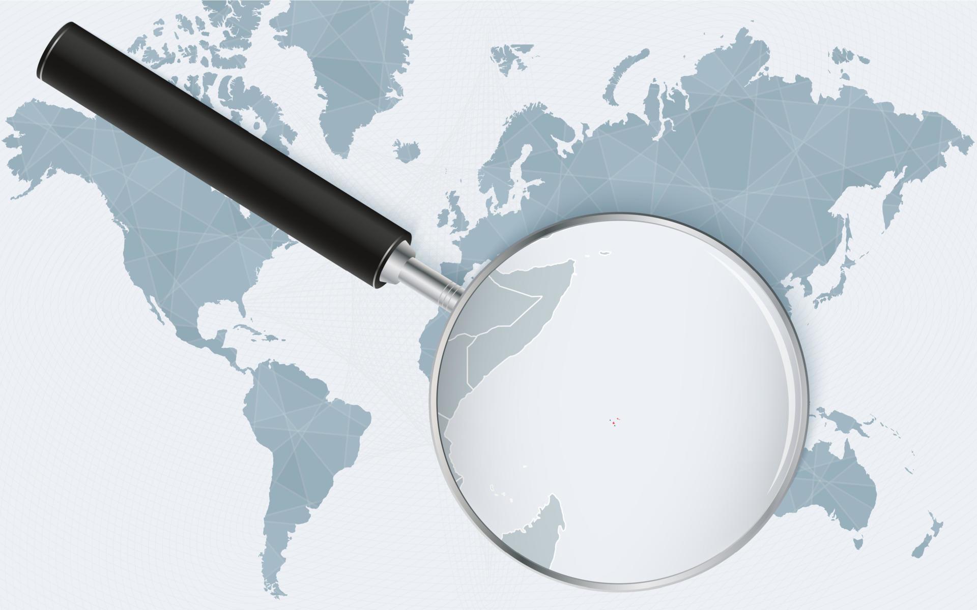 World map with a magnifying glass pointing at Seychelles. Map of Seychelles with the flag in the ...