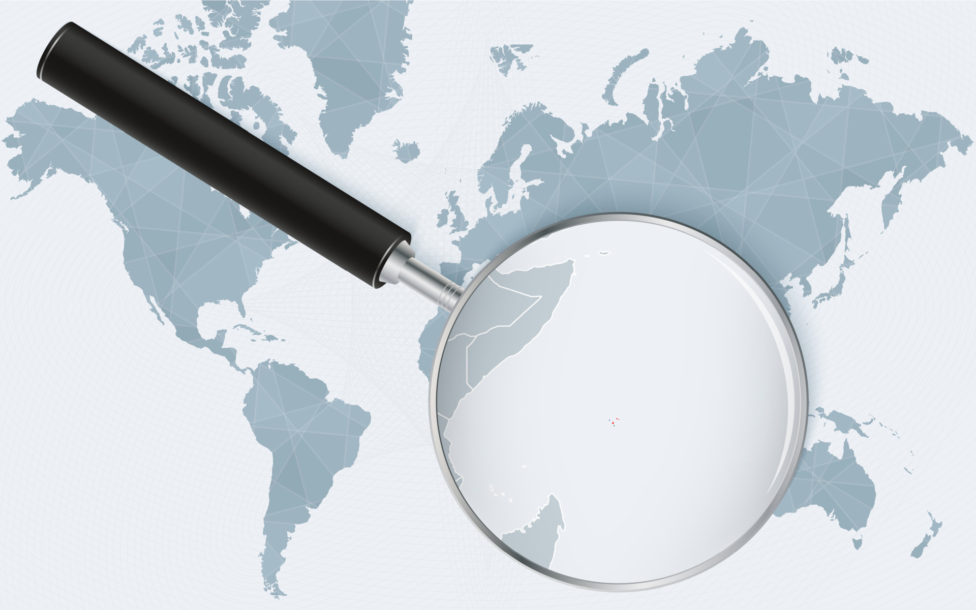 World map with a magnifying glass pointing at Seychelles. Map of Seychelles with the flag in the ...