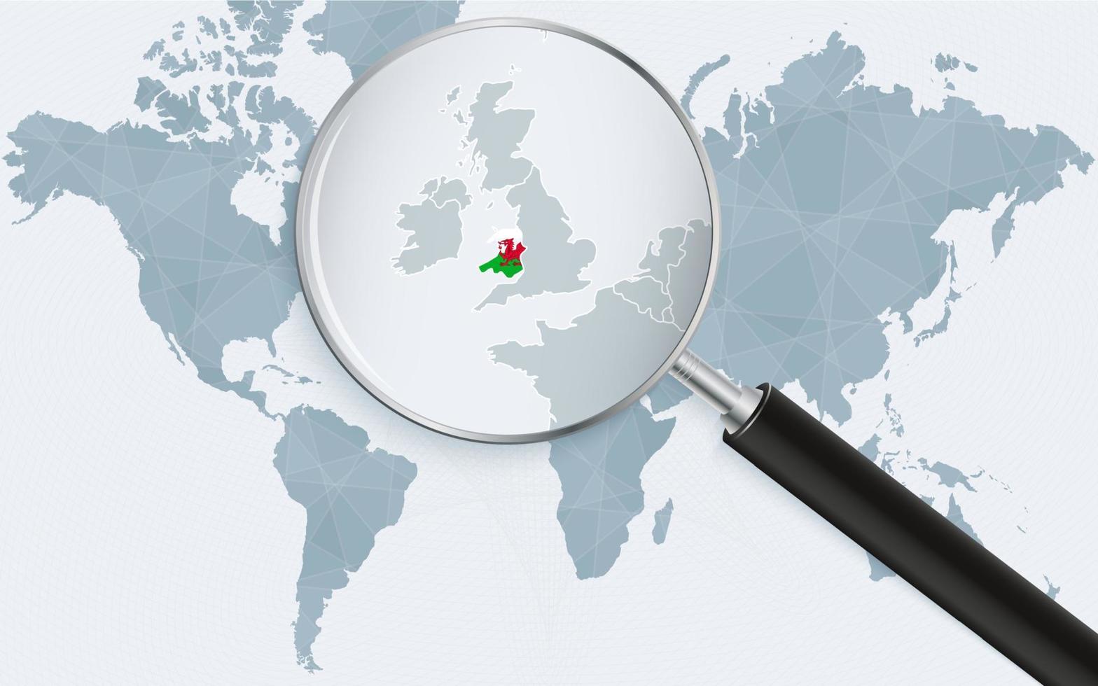 World map with a magnifying glass pointing at Wales. Map of Wales with the flag in the loop ...