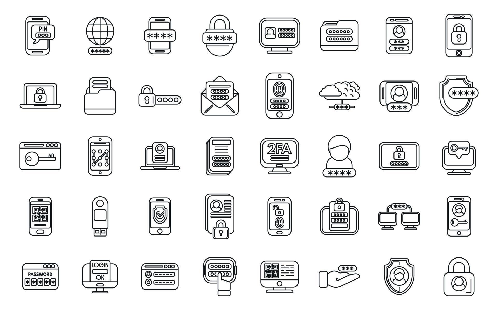 Two Factor Authentication Icons Set Outline Vector Code Certificate