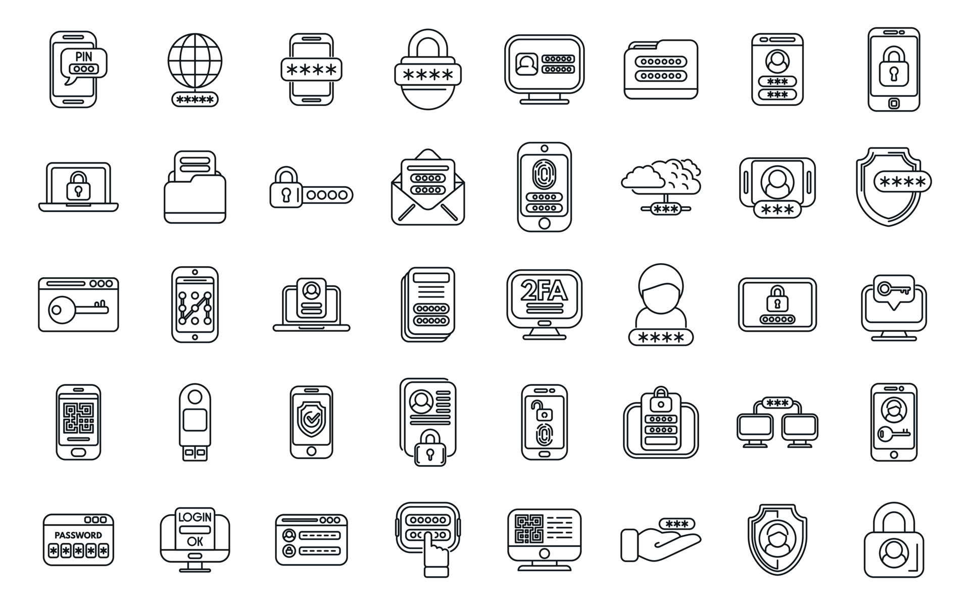 Two Factor Authentication Icons Set Outline Vector Code Certificate