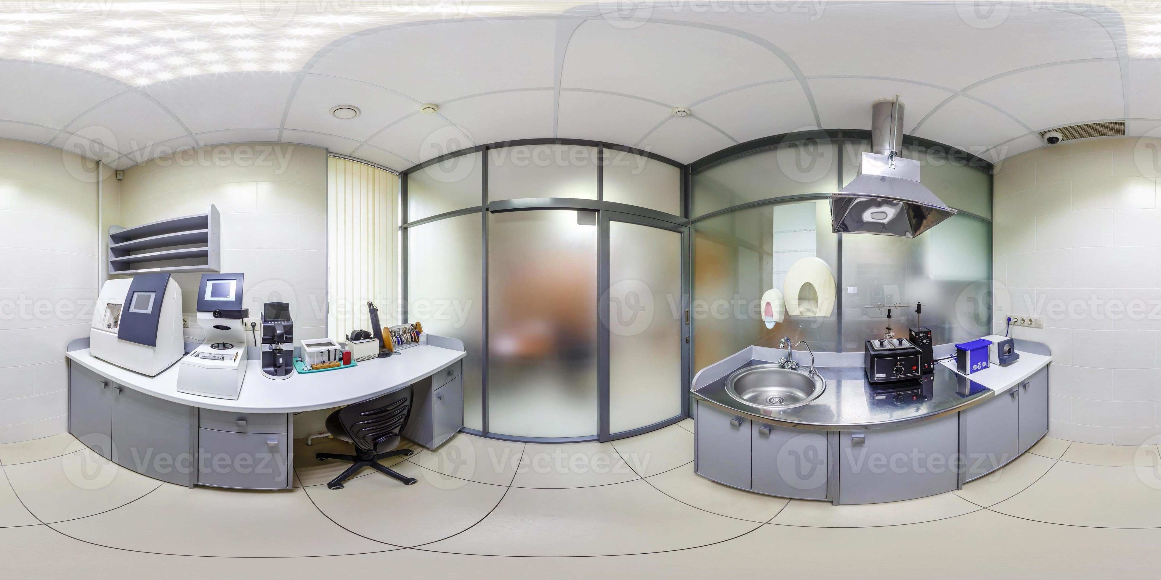 360 hdri panorama inside interior of modern research medical laboratory or ophthalmological ...