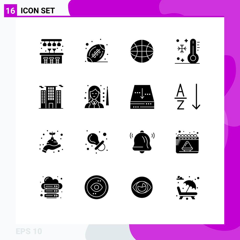 Set Of 16 Vector Solid Glyphs On Grid For Work Office World Building Temperature Editable Vector