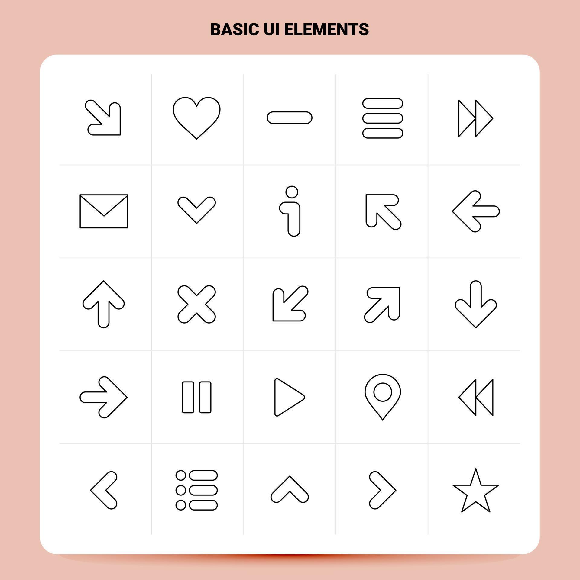 Outline 25 Basic Ui Elements Icon Set Vector Line Style Design Black Icons Set Linear Pictogram