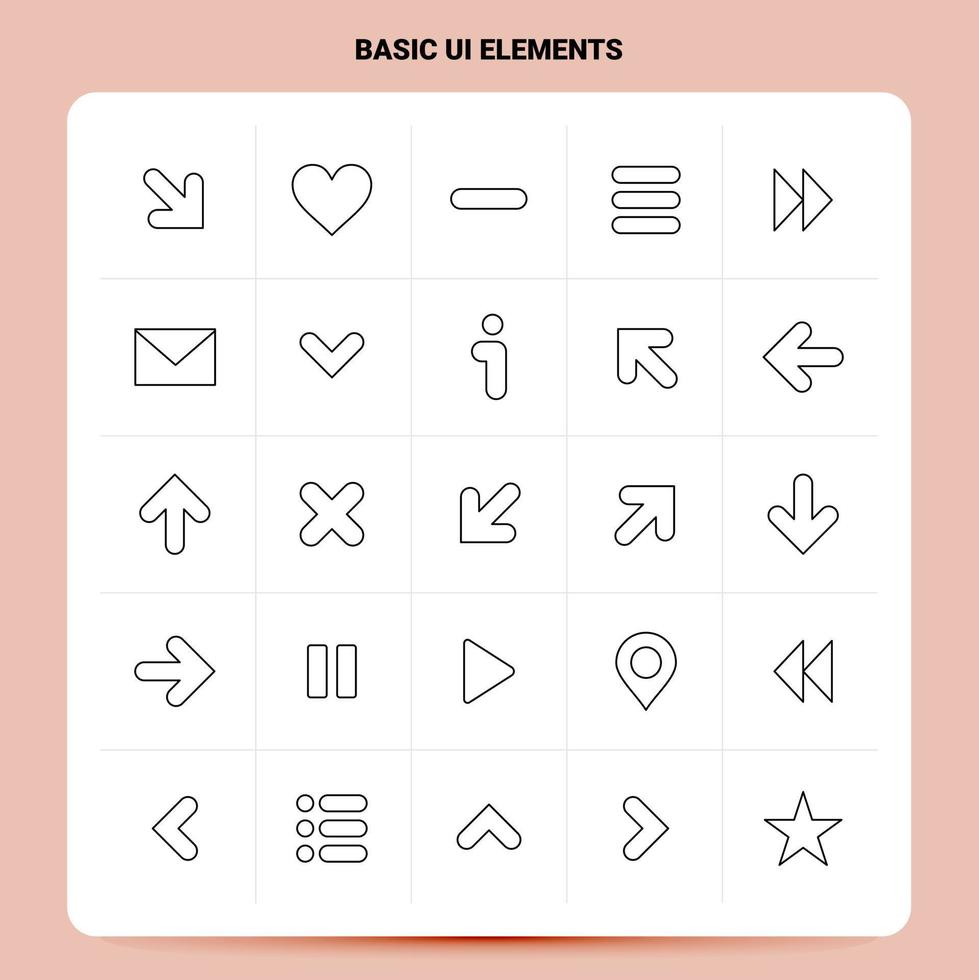 Outline 25 Basic Ui Elements Icon Set Vector Line Style Design Black