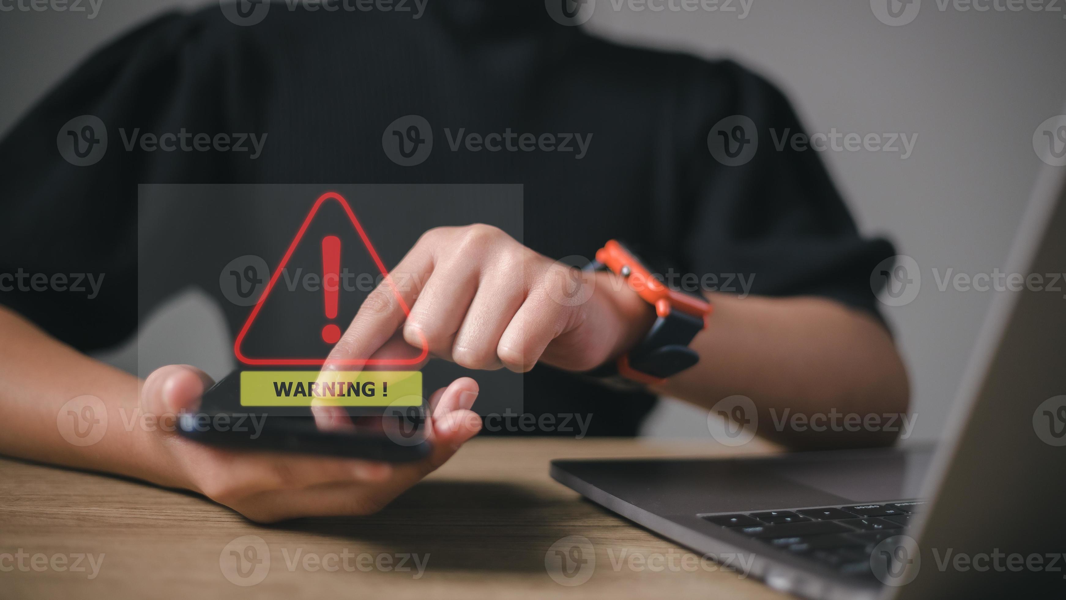 Developer Using Computer Laptop With Triangle Caution Warning Sign For Notification Error And