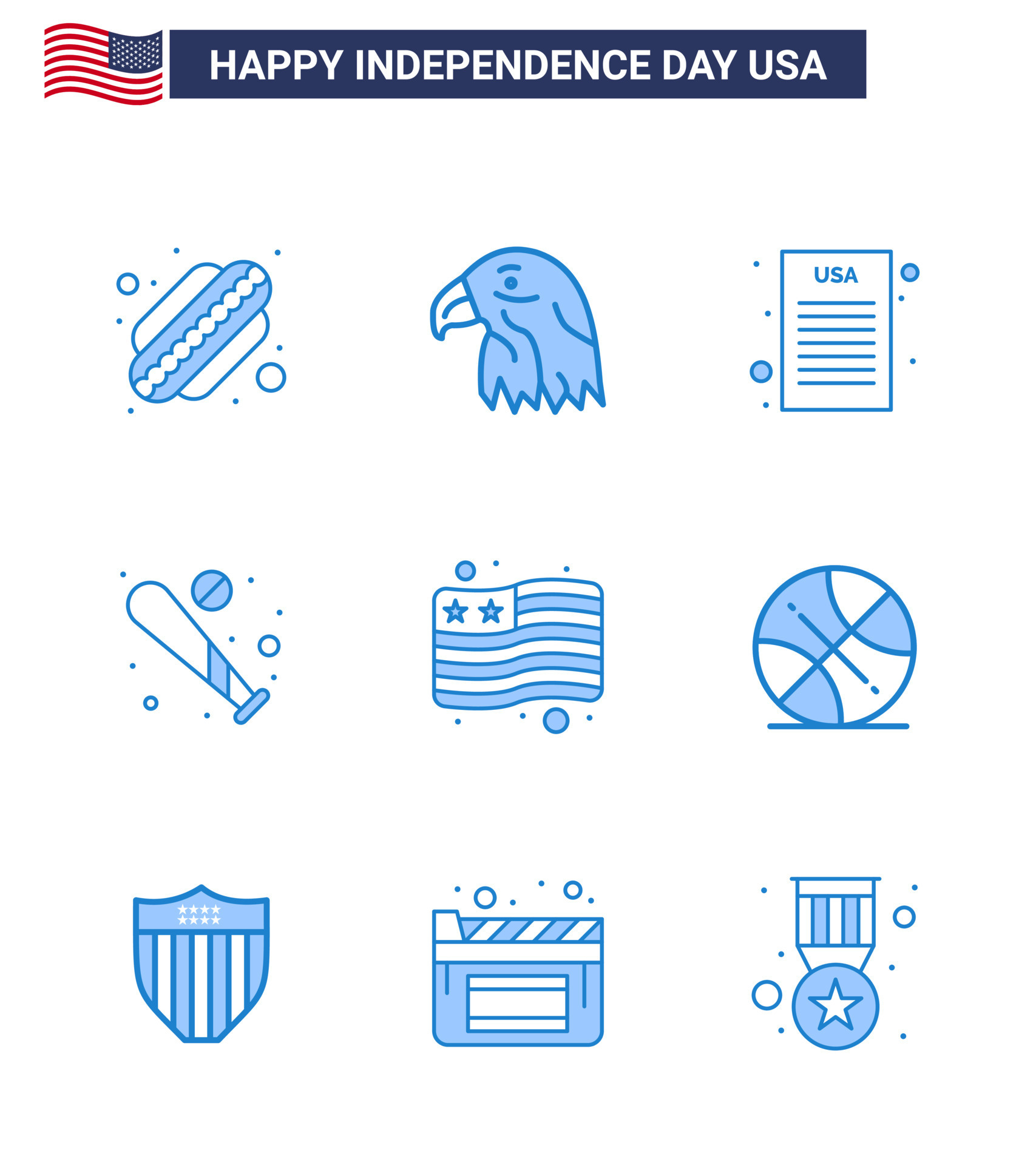 Blue Pack of 9 USA Independence Day Symbols of usa country declaration ...