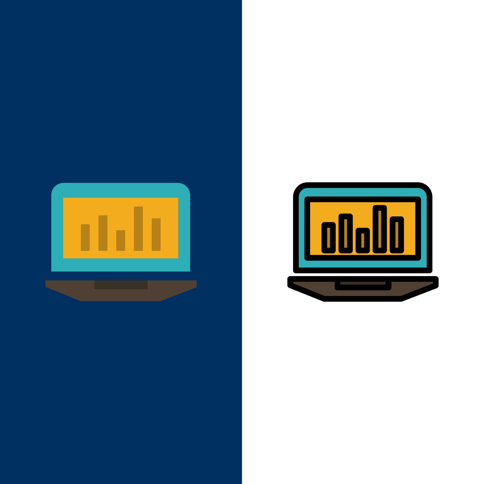 Laptop Graph Analytics Monitoring Statistics Icons Flat And Line Filled Icon Set Vector Blue